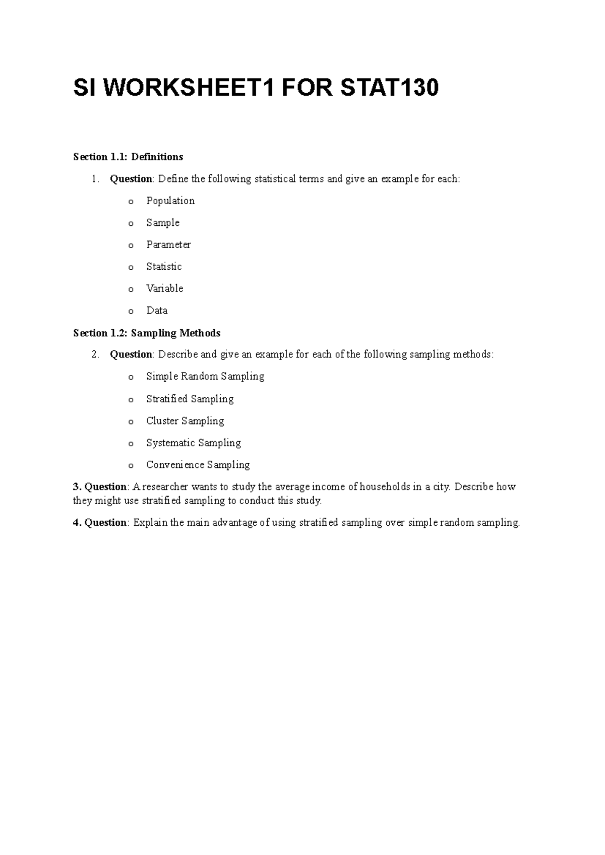 Worsheet 1 STAT130 isizulu - SI WORKSHEET1 FOR STAT Section 1: Definitions 1. Question: Define ...