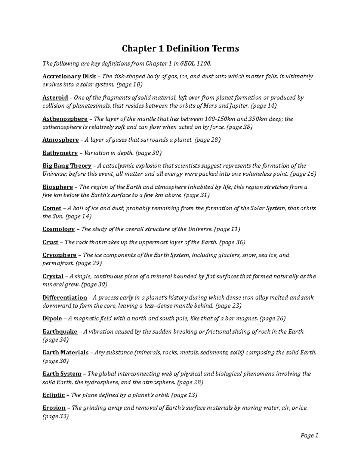 GEOL 1100 - Chapter 1 Definitions - Chapter 1 Definition Terms The ...