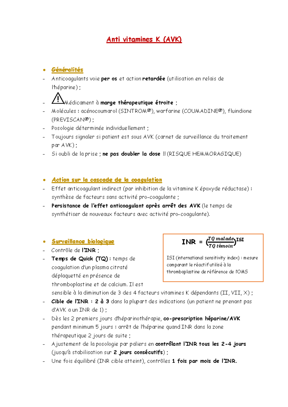 Fiche AVK - Résumé pharmacologie - Anti vitamines K (AVK) Généralités ...