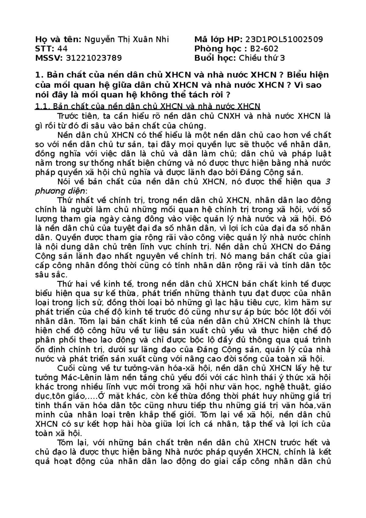 Cnxhkh - kjlk;ggi - Họ và tên: Nguyễn Thị Xuân Nhi STT: 44 MSSV ...
