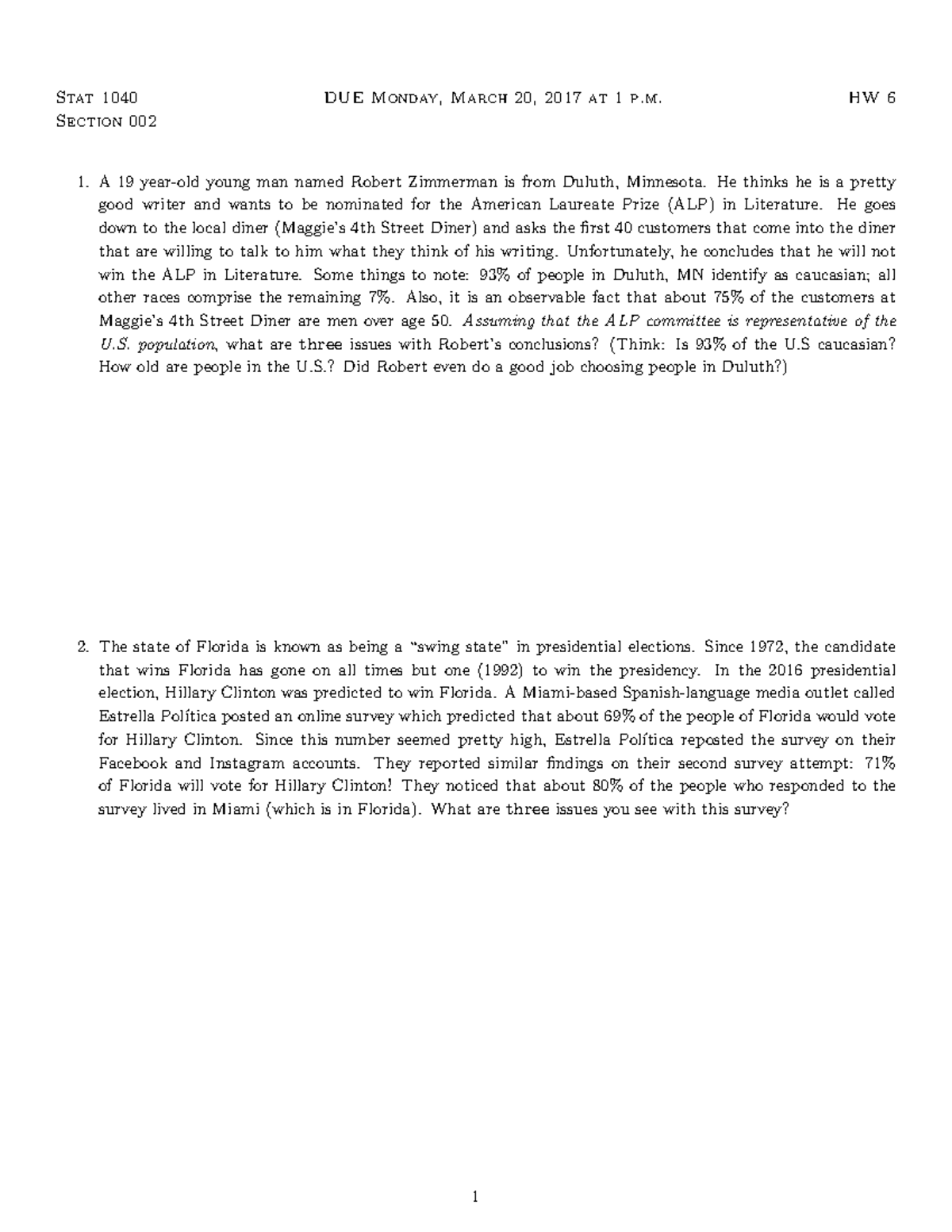 Stat 1040 Hw 6 Homework Assignment 6 Stat 1040 Section 002 Due Monday March 20 2017 At 1