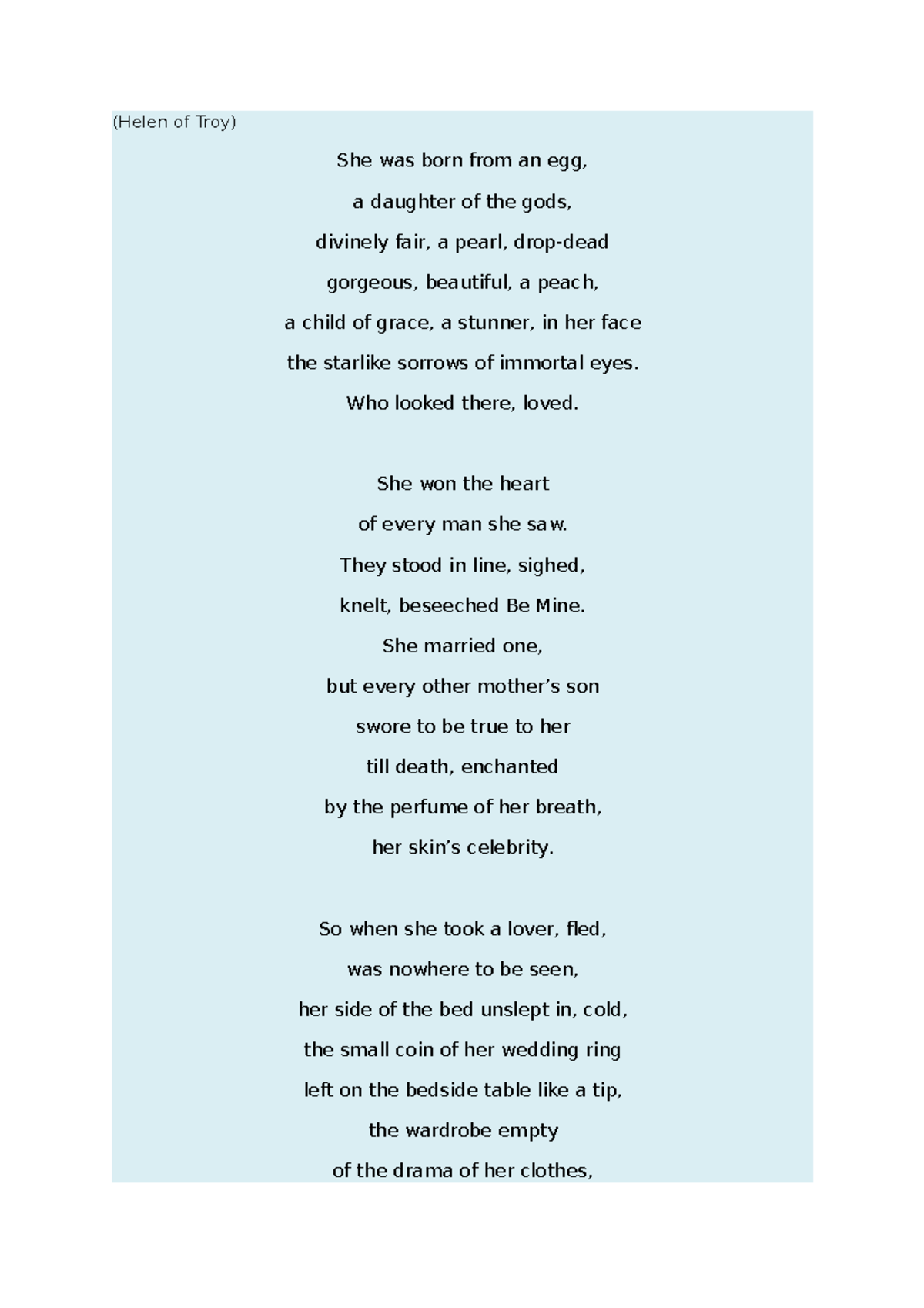 Beautiful - Work analysis by Carol Ann Duffy - (Helen of Troy) She was ...