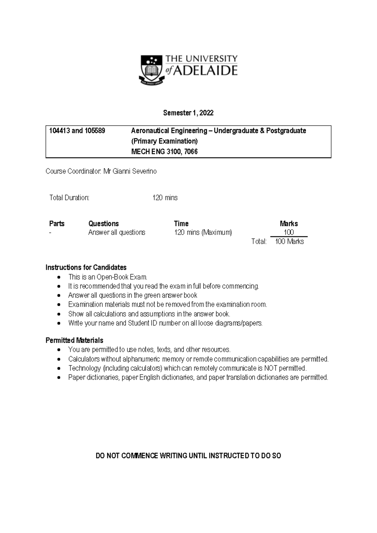 Aero eng exam 2022 - Exam - Semester 1, 20 22 104413 and 105589 ...