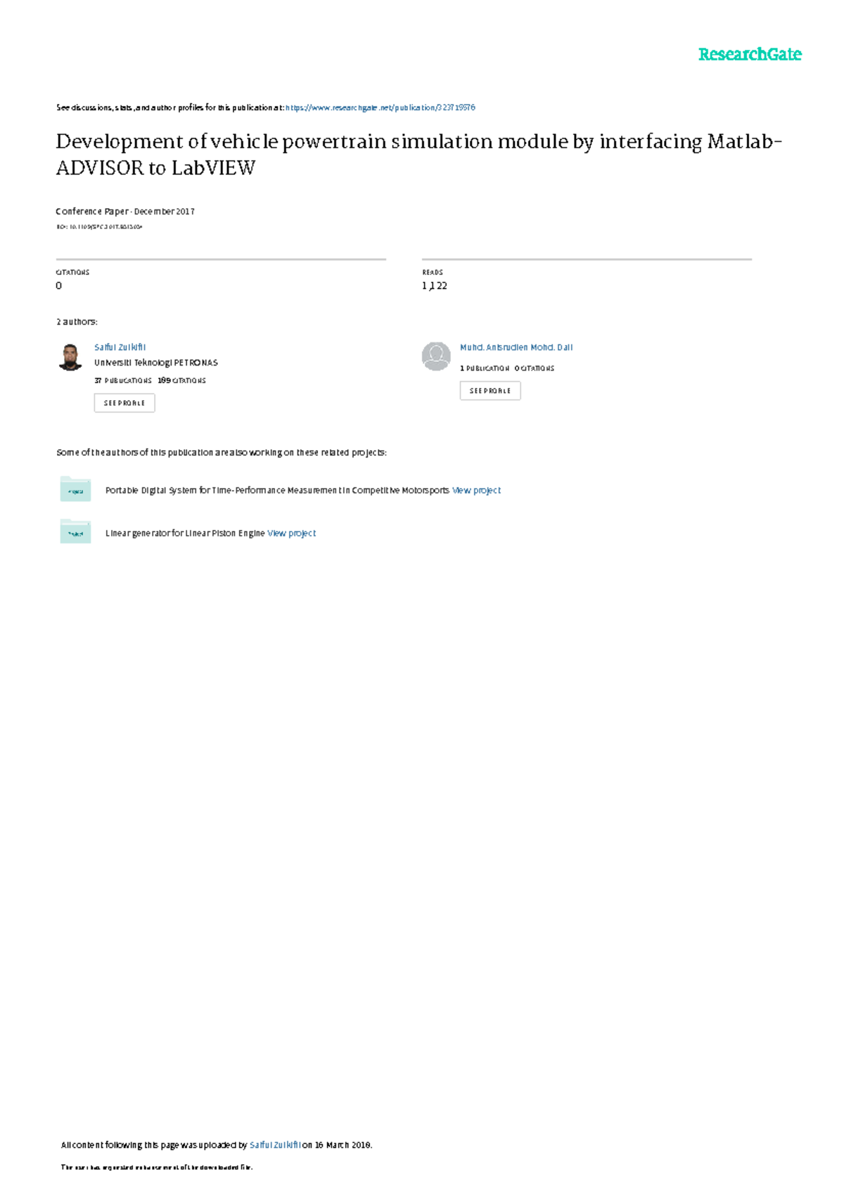 Development of vehicle powertrain simulation module interfacing Mat Lab ...