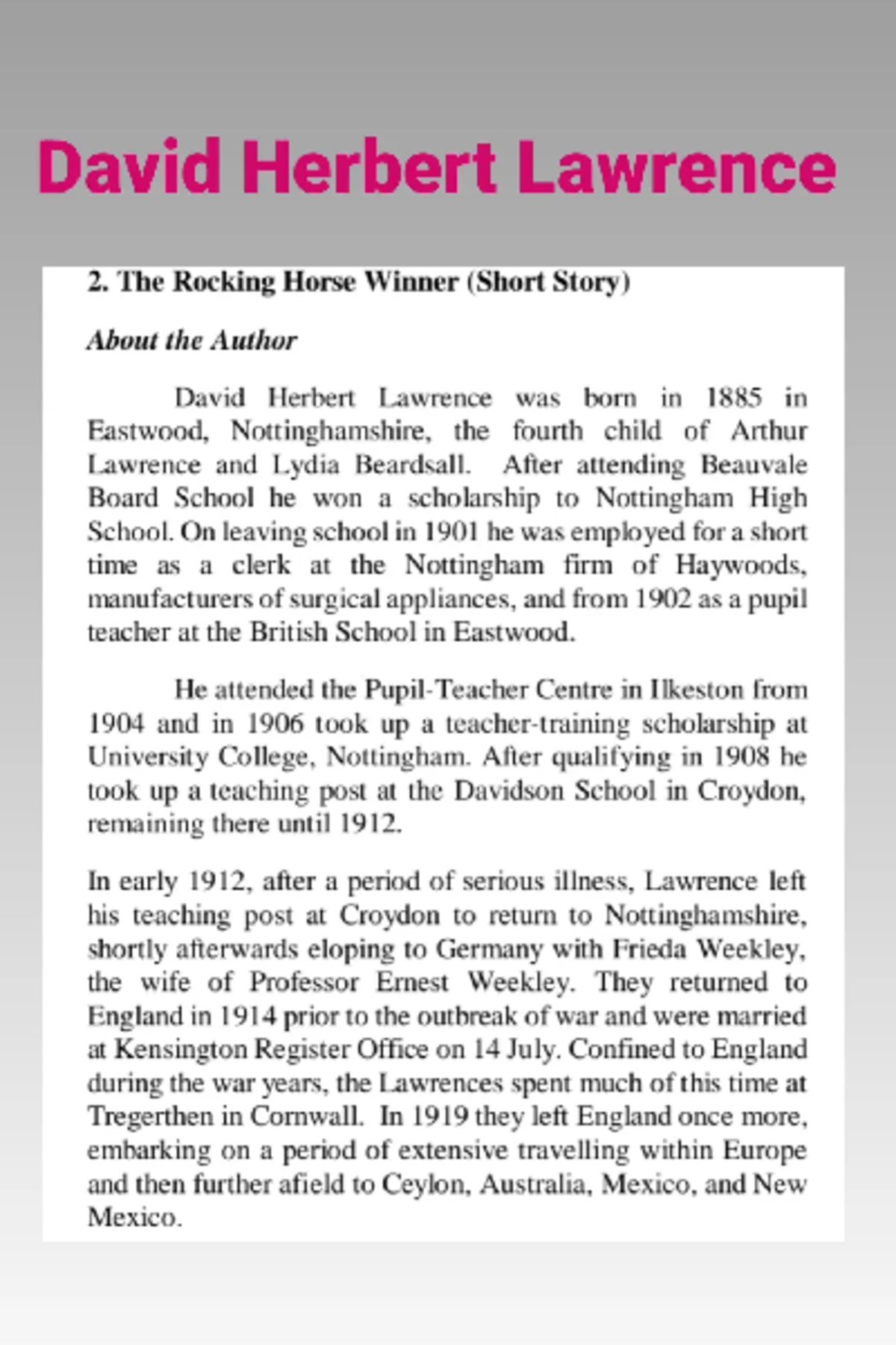 D H Lawrence-The Rocking Horse Winner - English Common course - Studocu