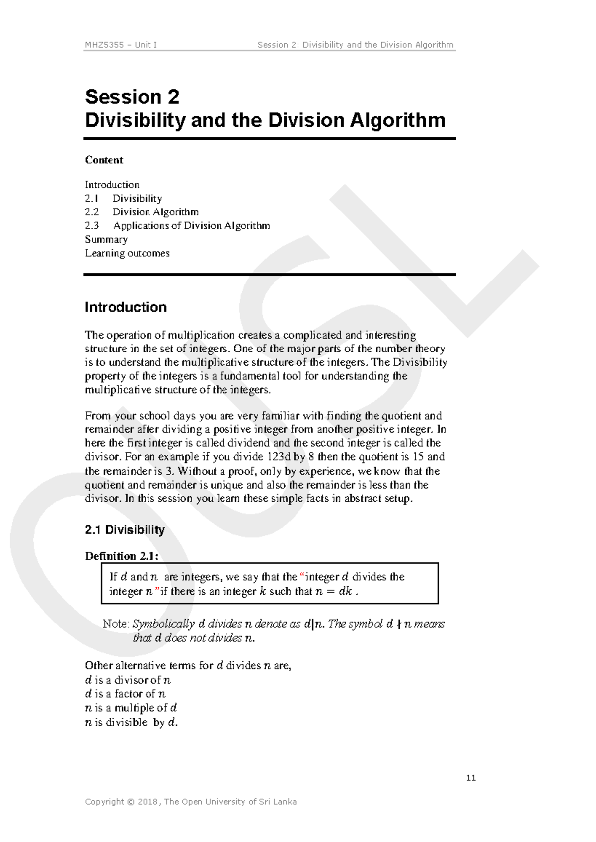 Unit I - Session 02 - day - 11 Session 2 Divisibility and the Division Algorithm Content - Studocu