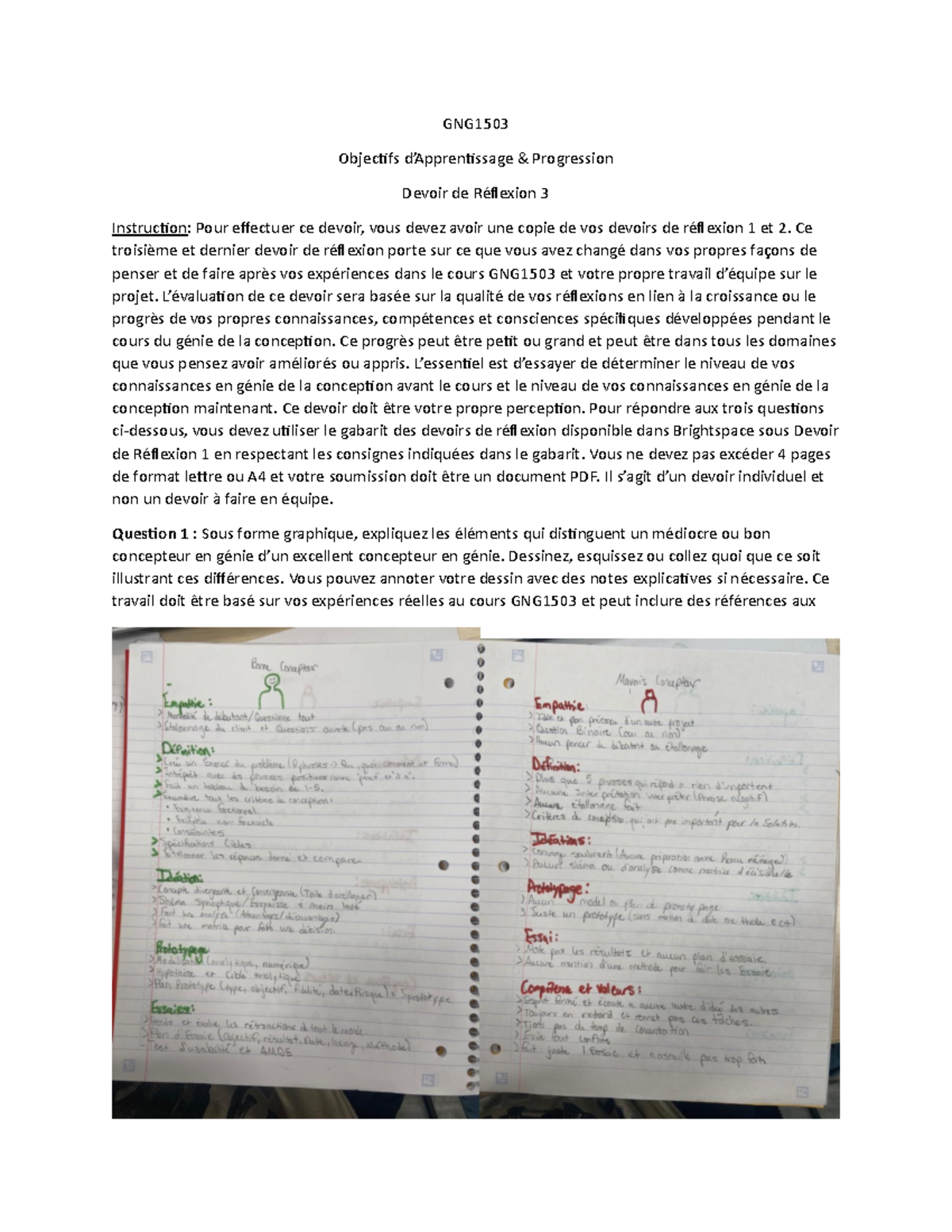 GNG1503 Reflection 3 - QUIZ 3 - GNG Objectifs d’Apprentissage & Progression Devoir de Réflexion ...