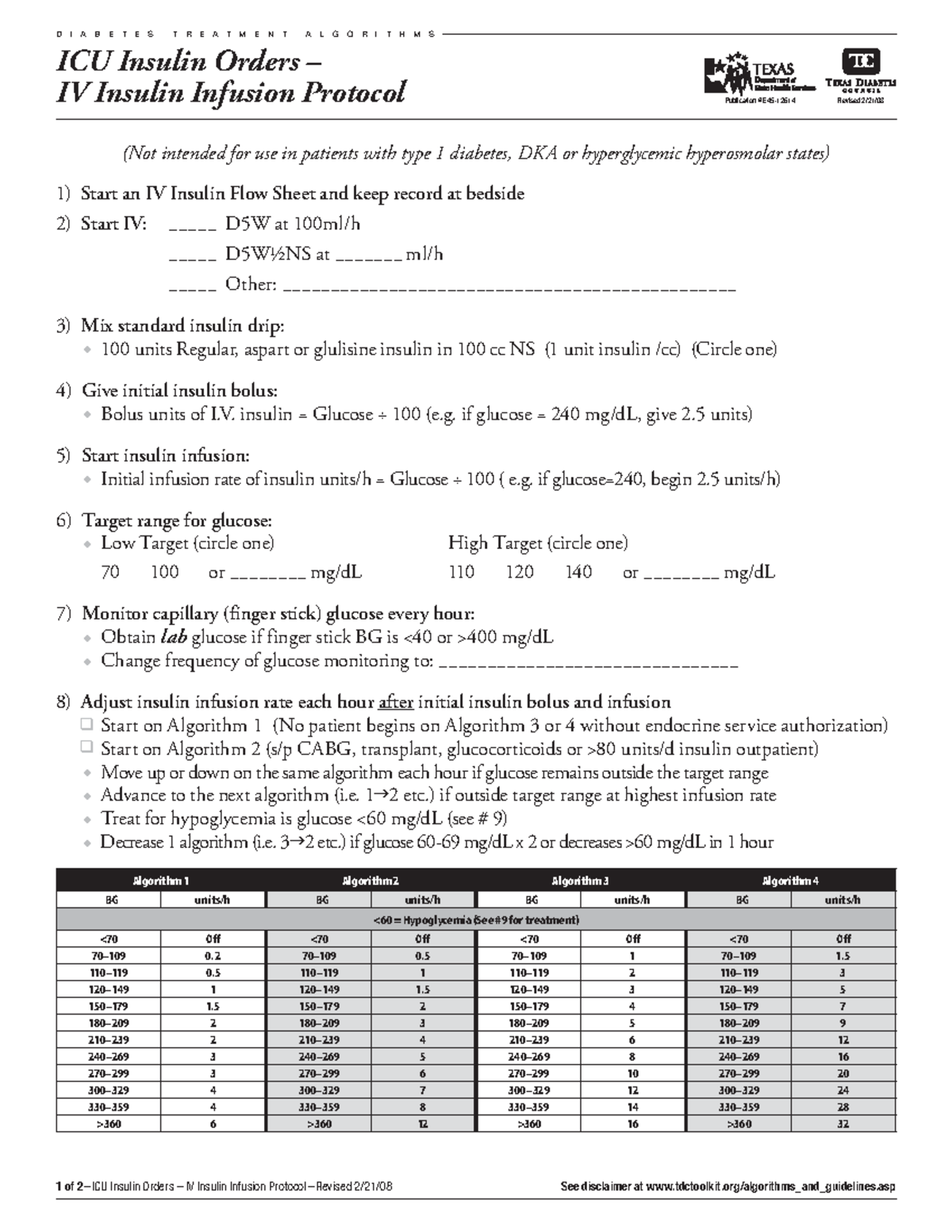 1341 Math IV Insulin Algorithms - (Not intended for use in patients ...