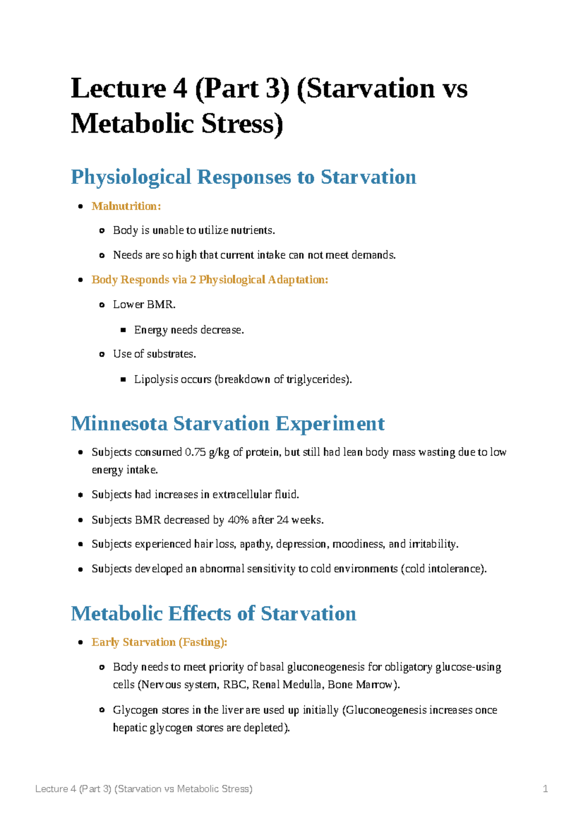 Lecture 4 (Part 3) (Starvation vs Metabolic Stress) - Lecture 4 (Part 3) (Starvation vs ...