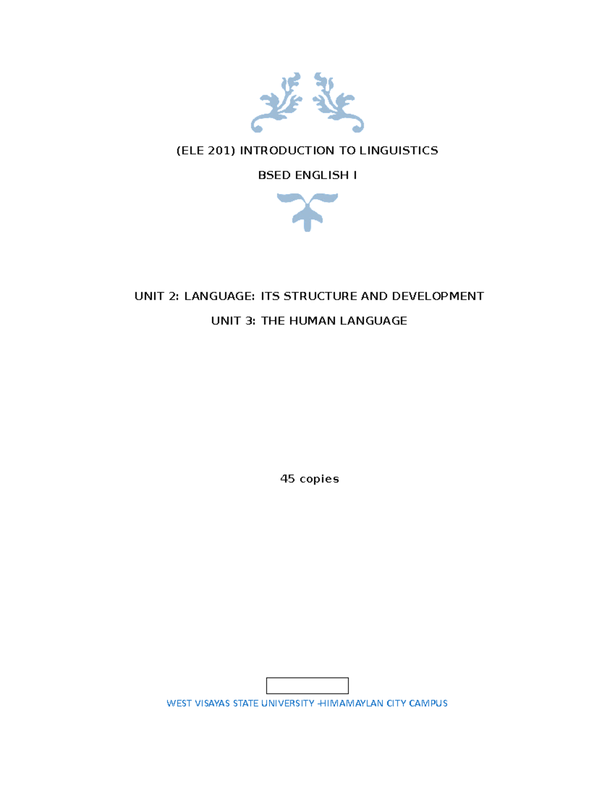 Intro to Linguistics Unit 2-3 - (ELE 201) INTRODUCTION TO LINGUISTICS ...