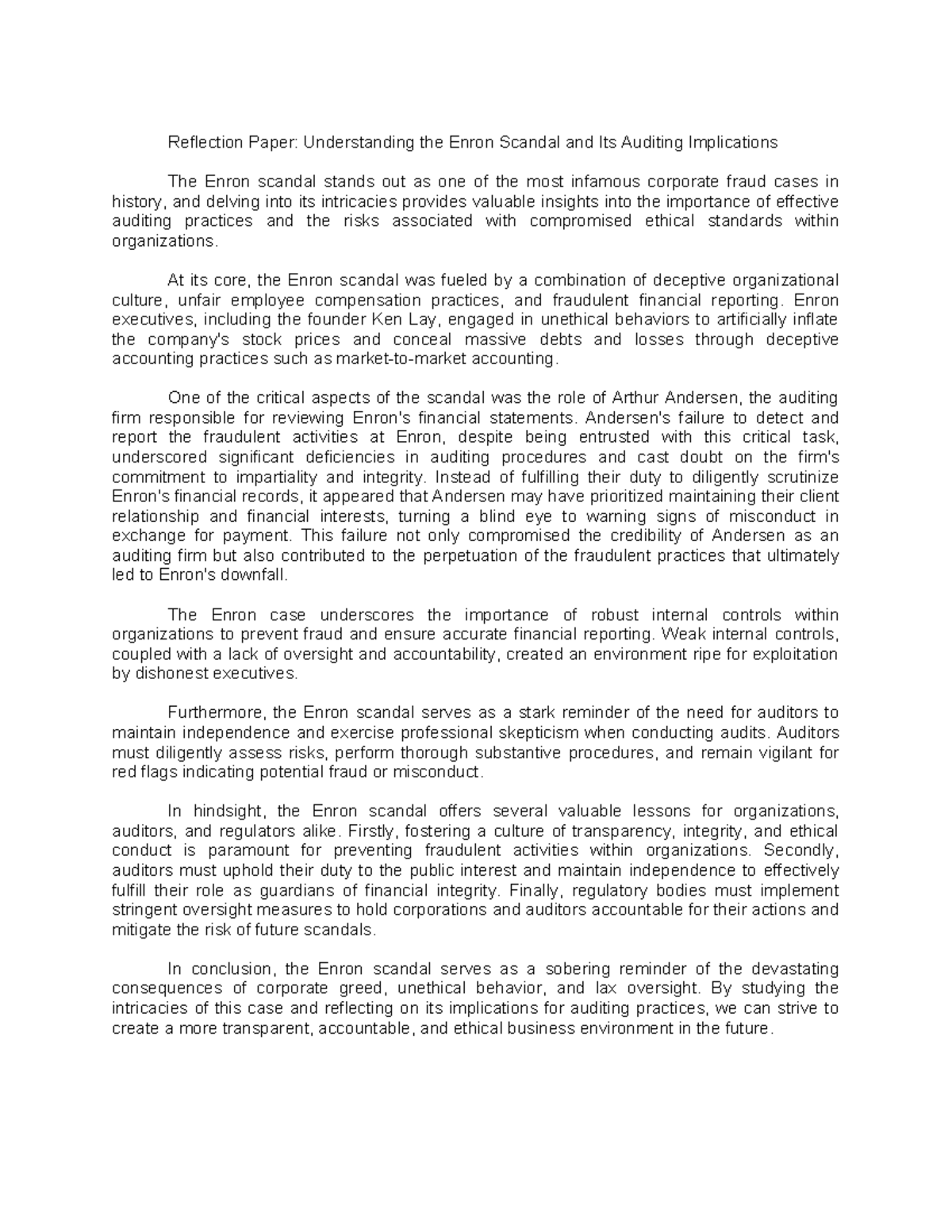 Assignment 1 - Understanding the Enron Scandal - Reflection Paper ...