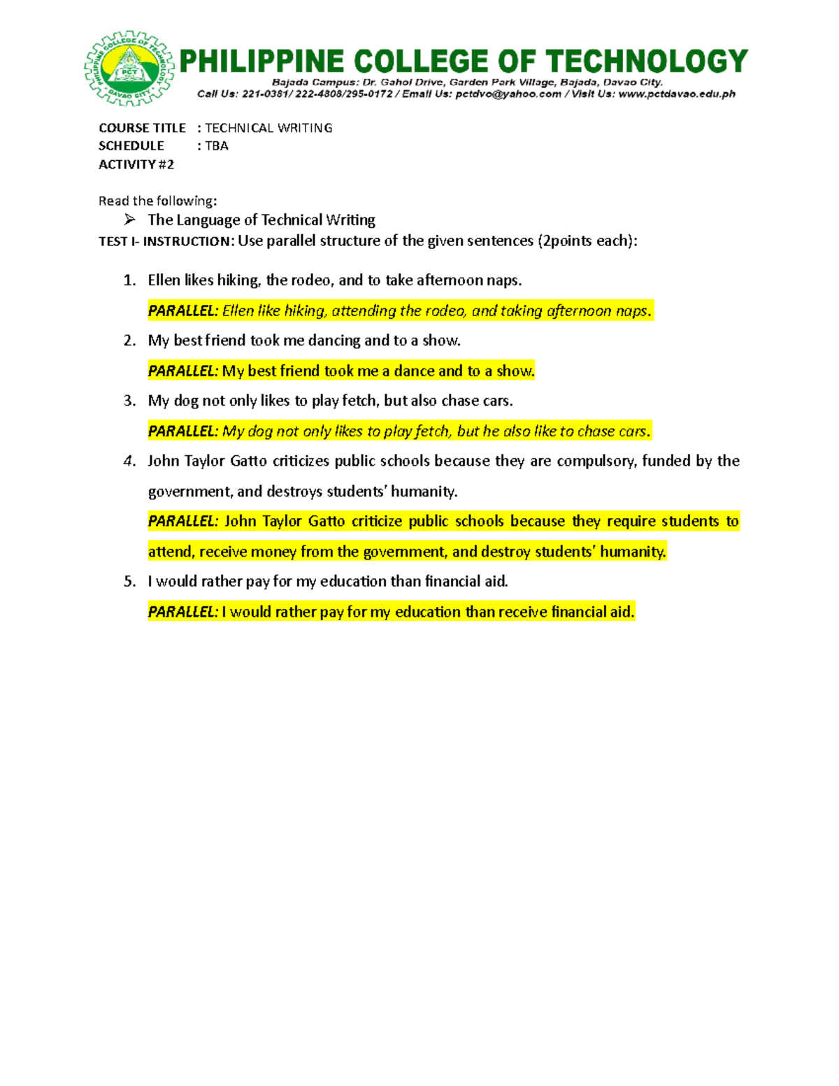 ELT 9 Technical Writing Activity 2 - COURSE TITLE : TECHNICAL WRITING ...