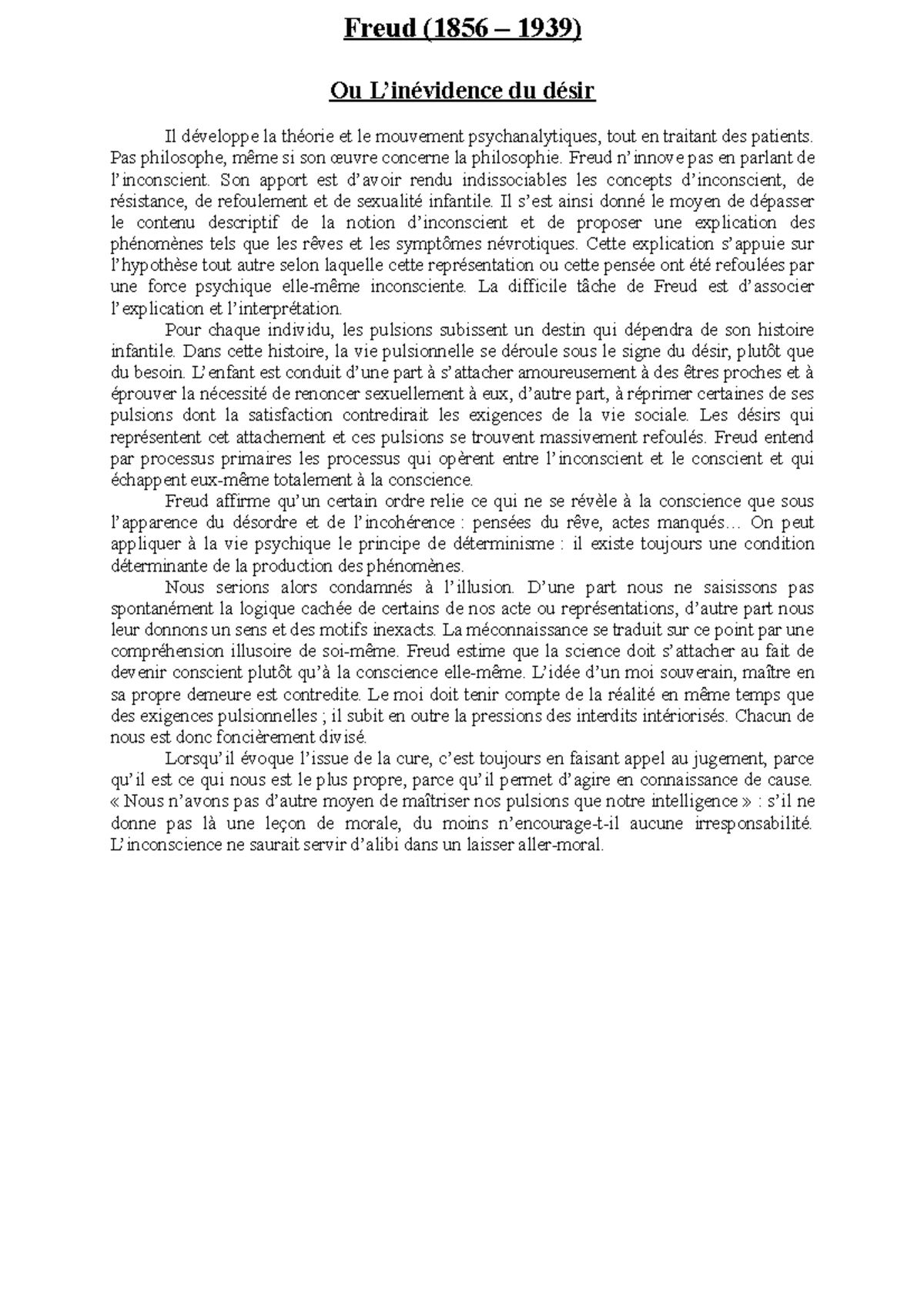 Freud - philosophy - Freud (1856 – 1939) Ou L’inévidence du désir Il ...