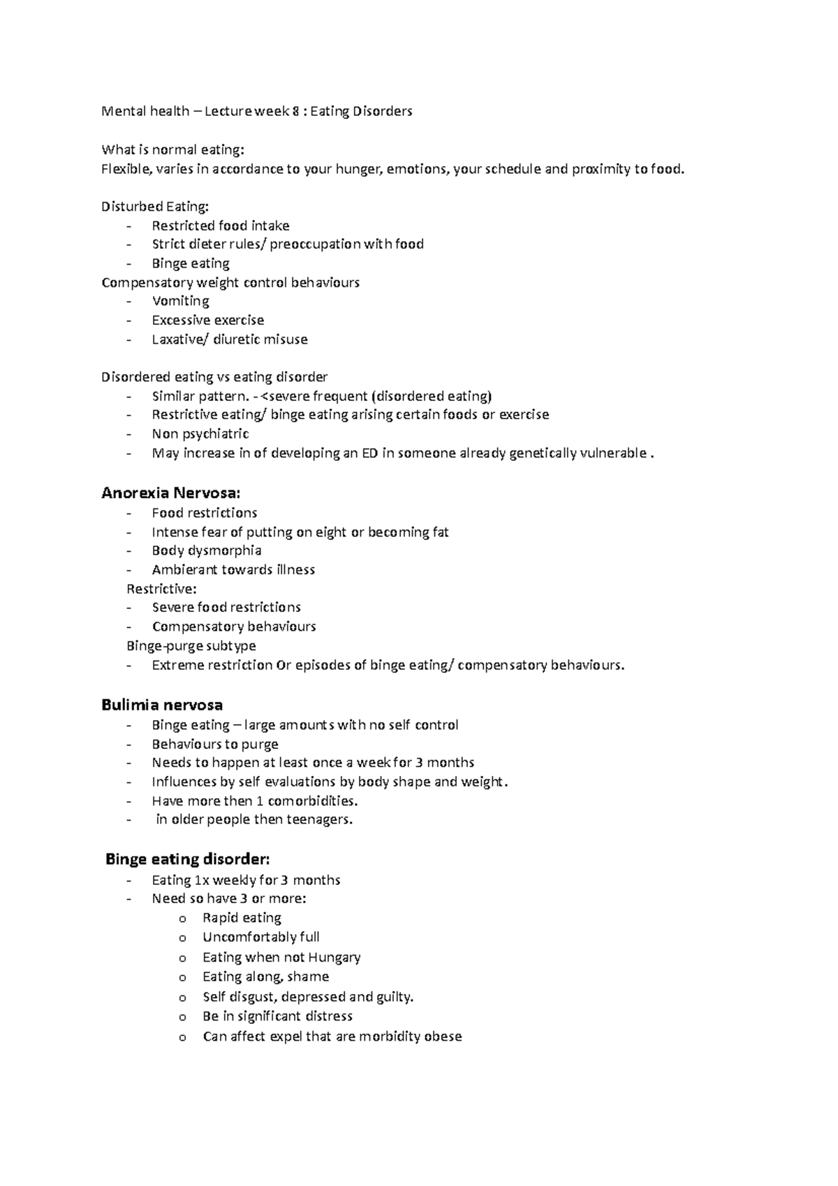 Week 8 - Eating disorder notes - Mental health – Lecture week 8 ...