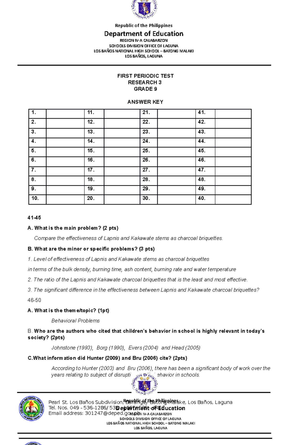 Quarter 1 Periodical Test Answer Key TOS - FIRST PERIODIC TEST RESEARCH ...