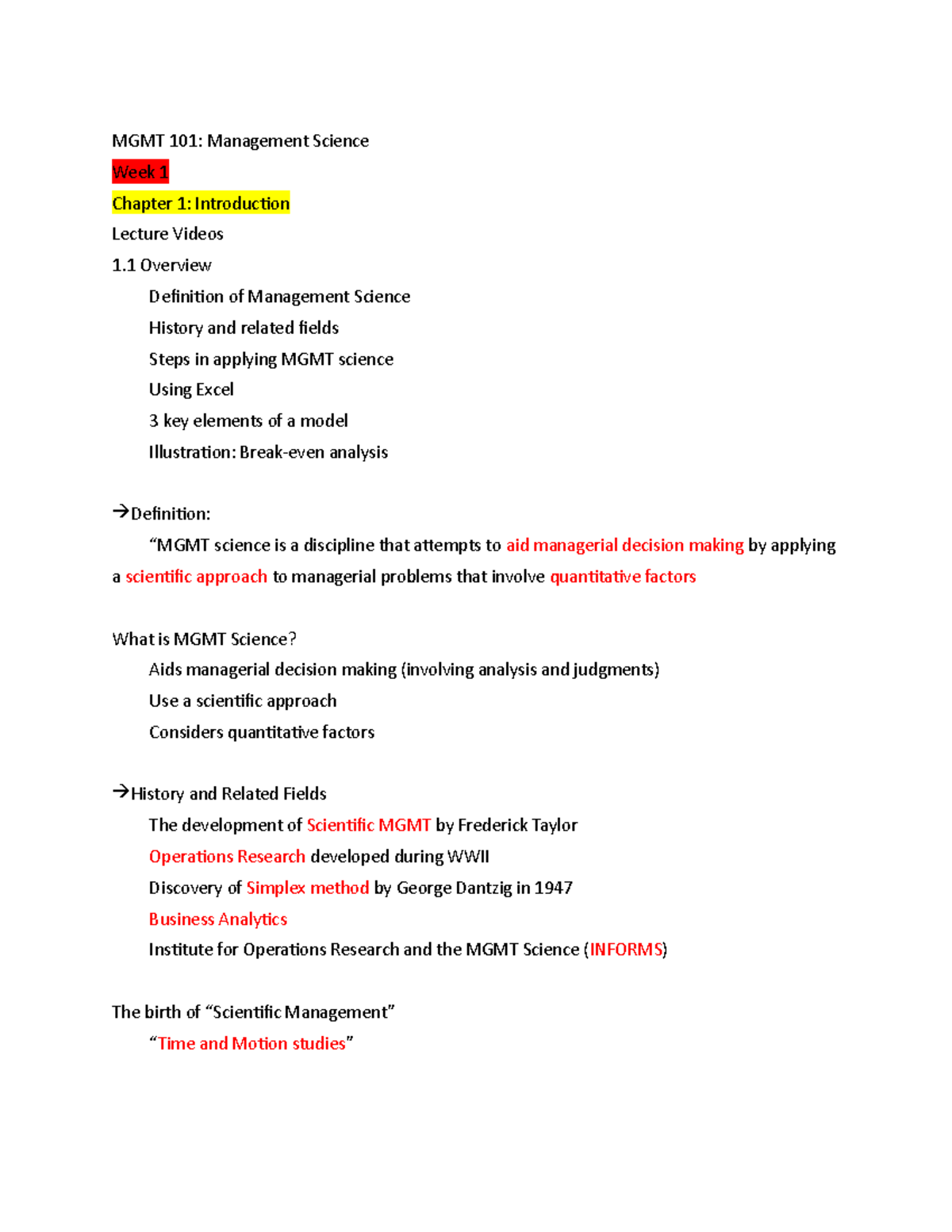 MGMT 101 - Course taught by professor - MGMT 101: Management Science ...