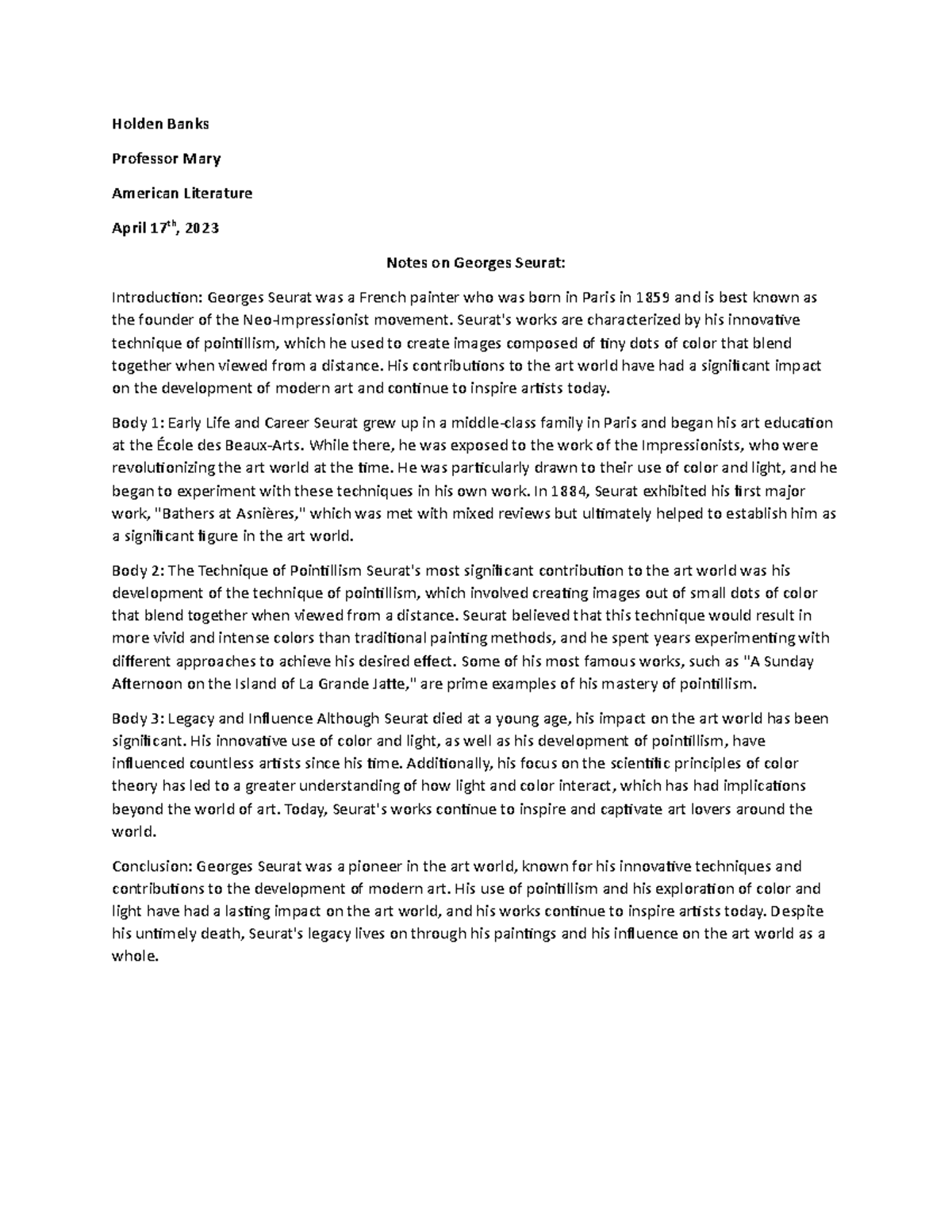 Notes on Georges Seurat: Introduction Early Life Pointillism Legacy ...