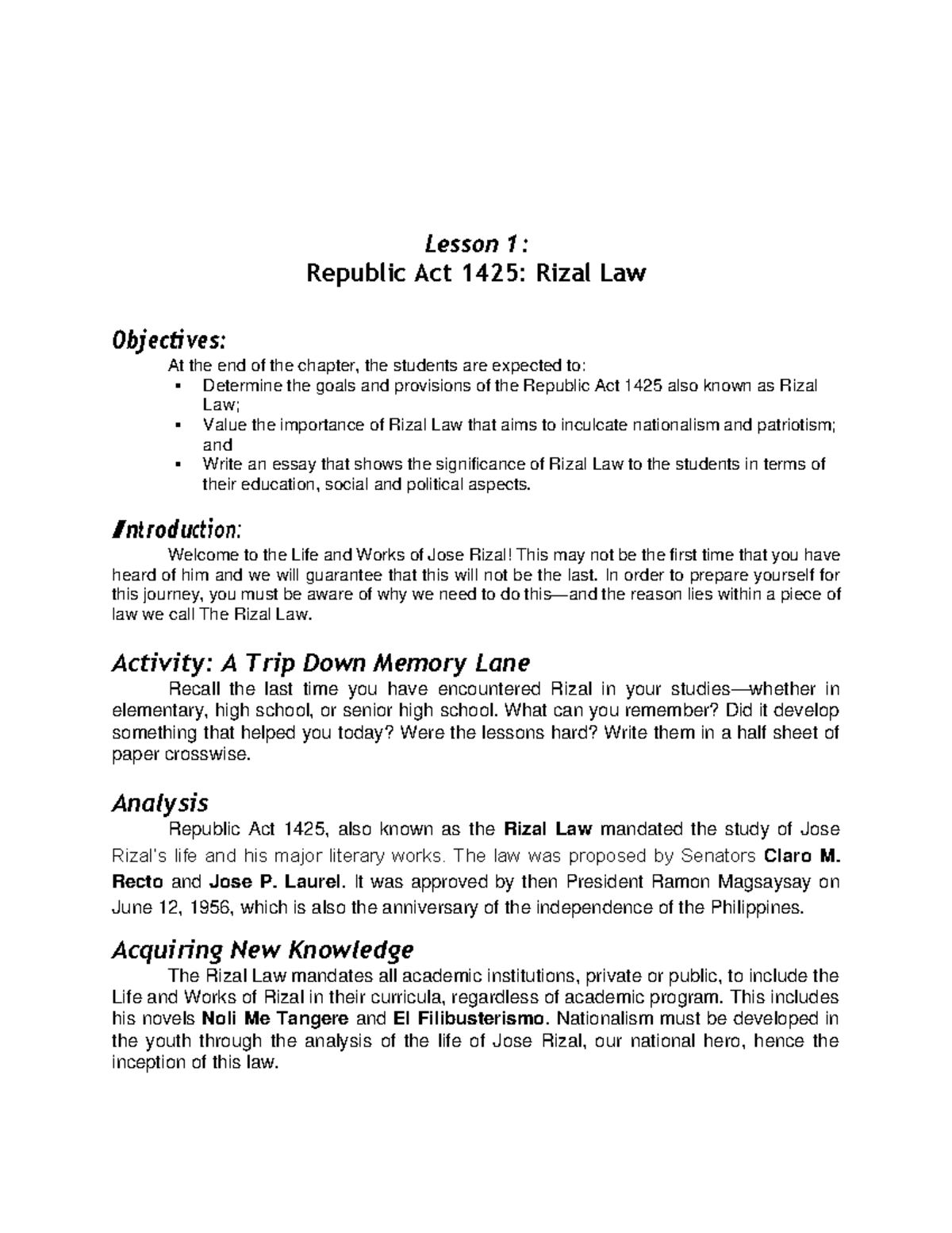 Reading Material Module Chapter 1 IN LIFE AND Works OF Rizal - Lesson 1 ...