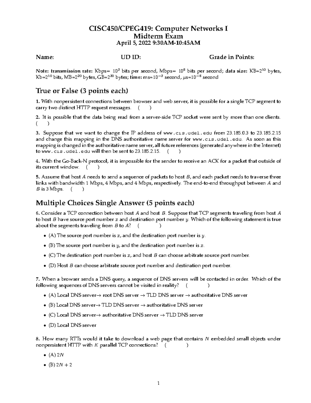 Midterm S22 Cisc 450 Midterm Exam Cisc450 Cpeg419 Computer Networks I Midterm Exam April 5