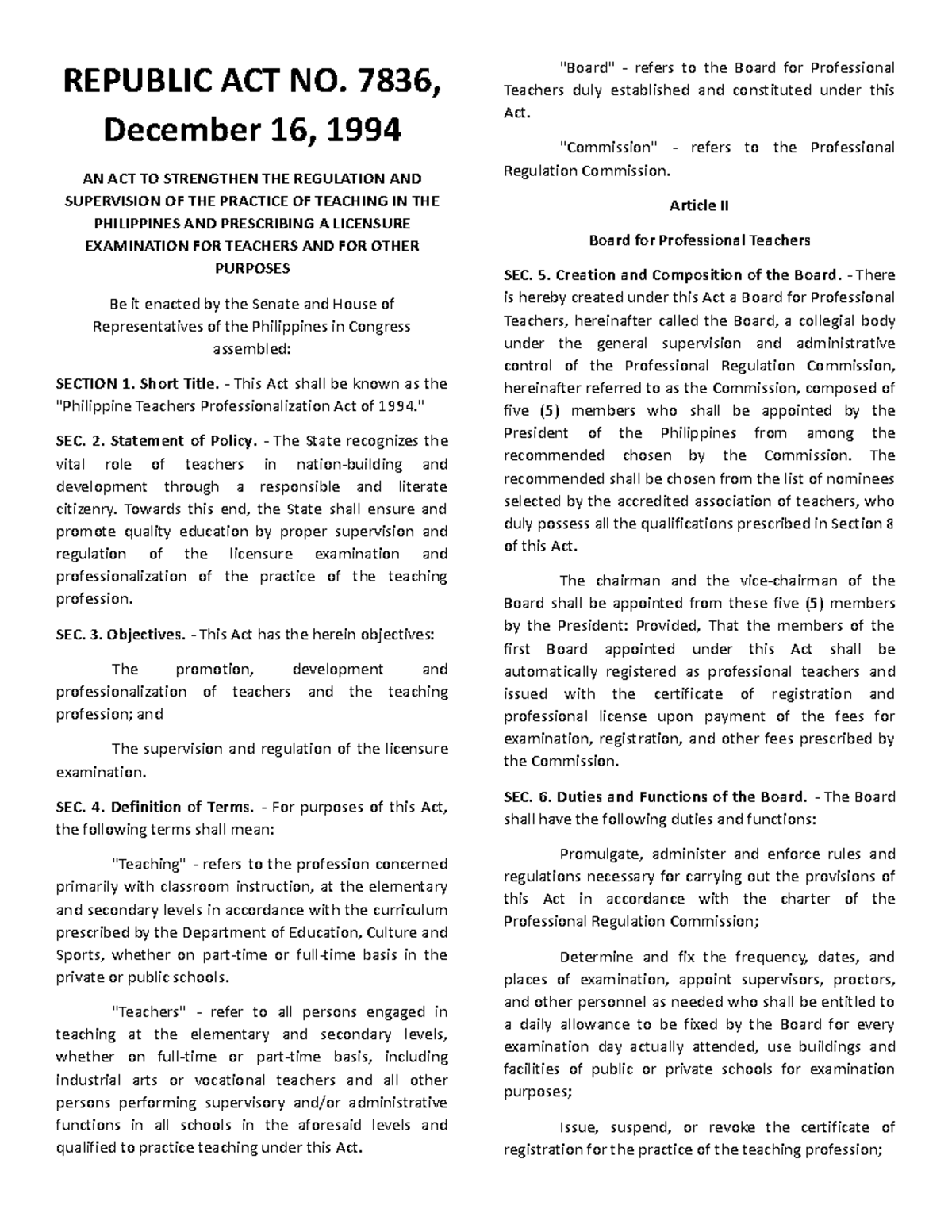 Republic ACT 7836 Law REPUBLIC ACT NO 7836 December 16 1994 AN