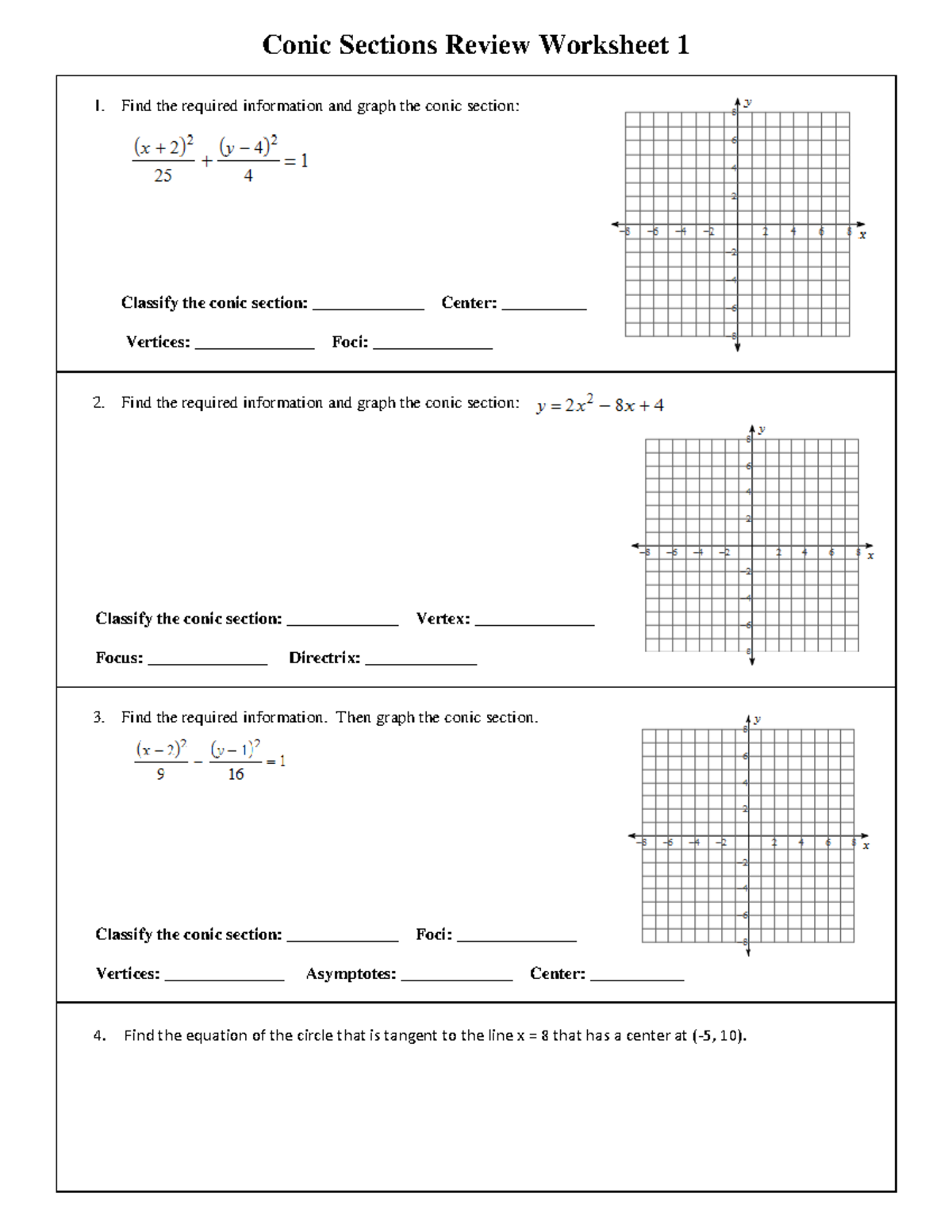 Conics Rev Worksheet Conic Sections Review Worksheet 1 1 Find The