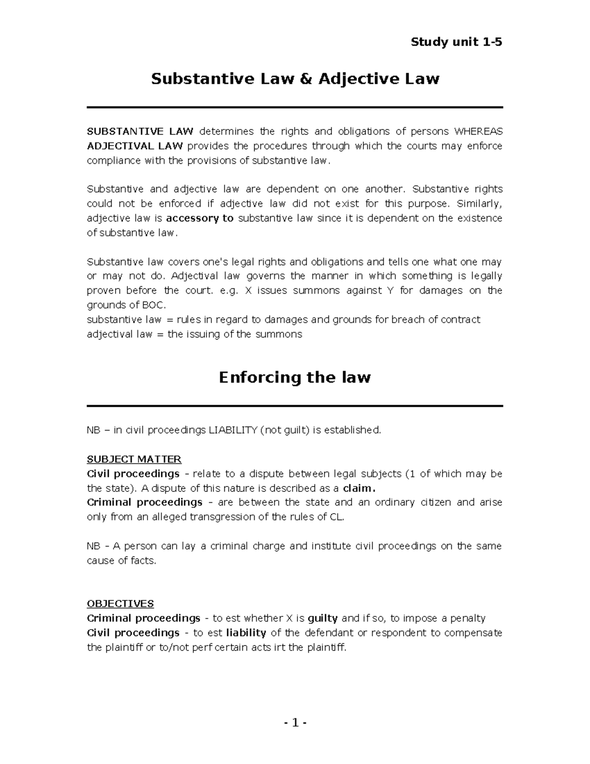 CIP2601 unit 1 5 - Summary Civil Procedure - Substantive Law ...