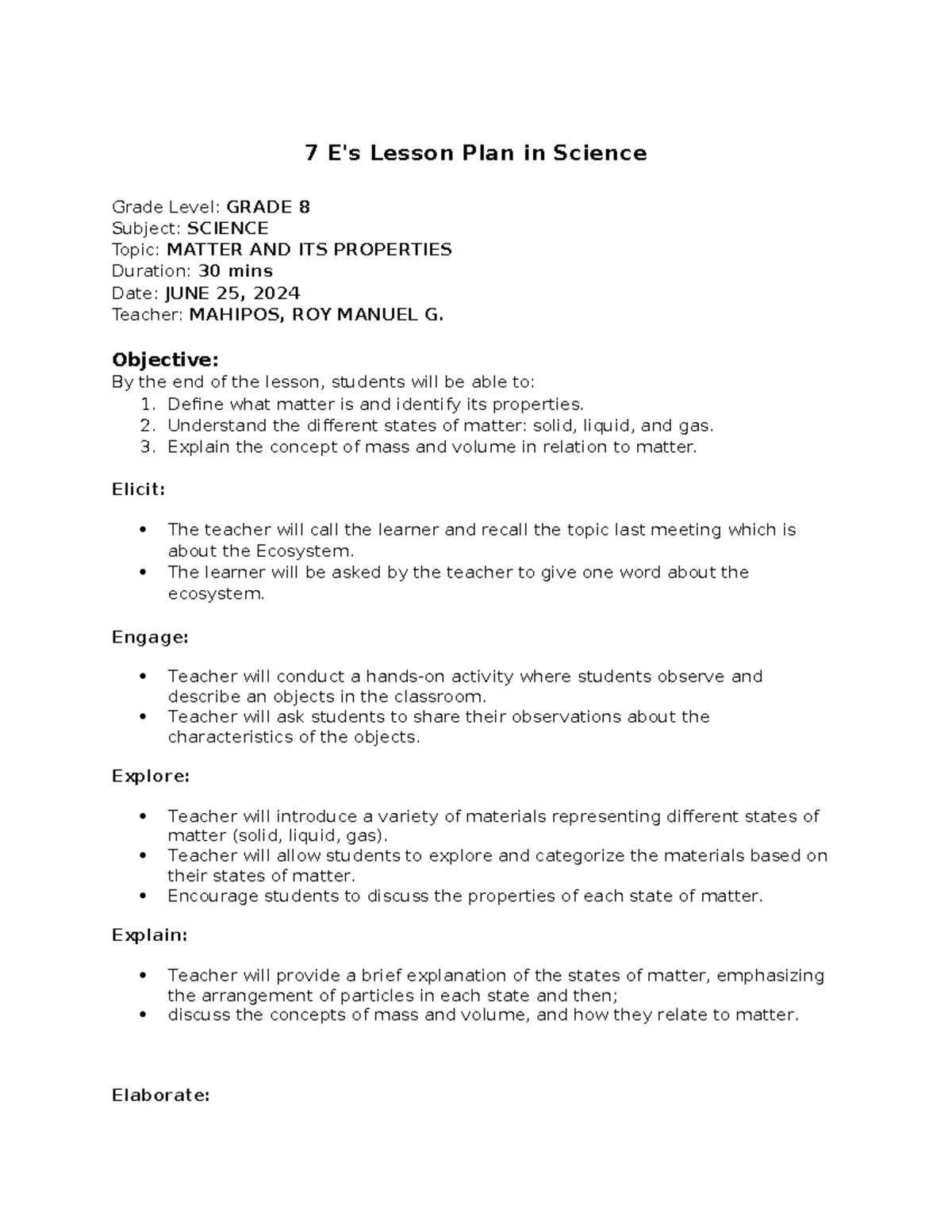 7 E - This is a lesson plan. - 7 E's Lesson Plan in Science Grade Level ...