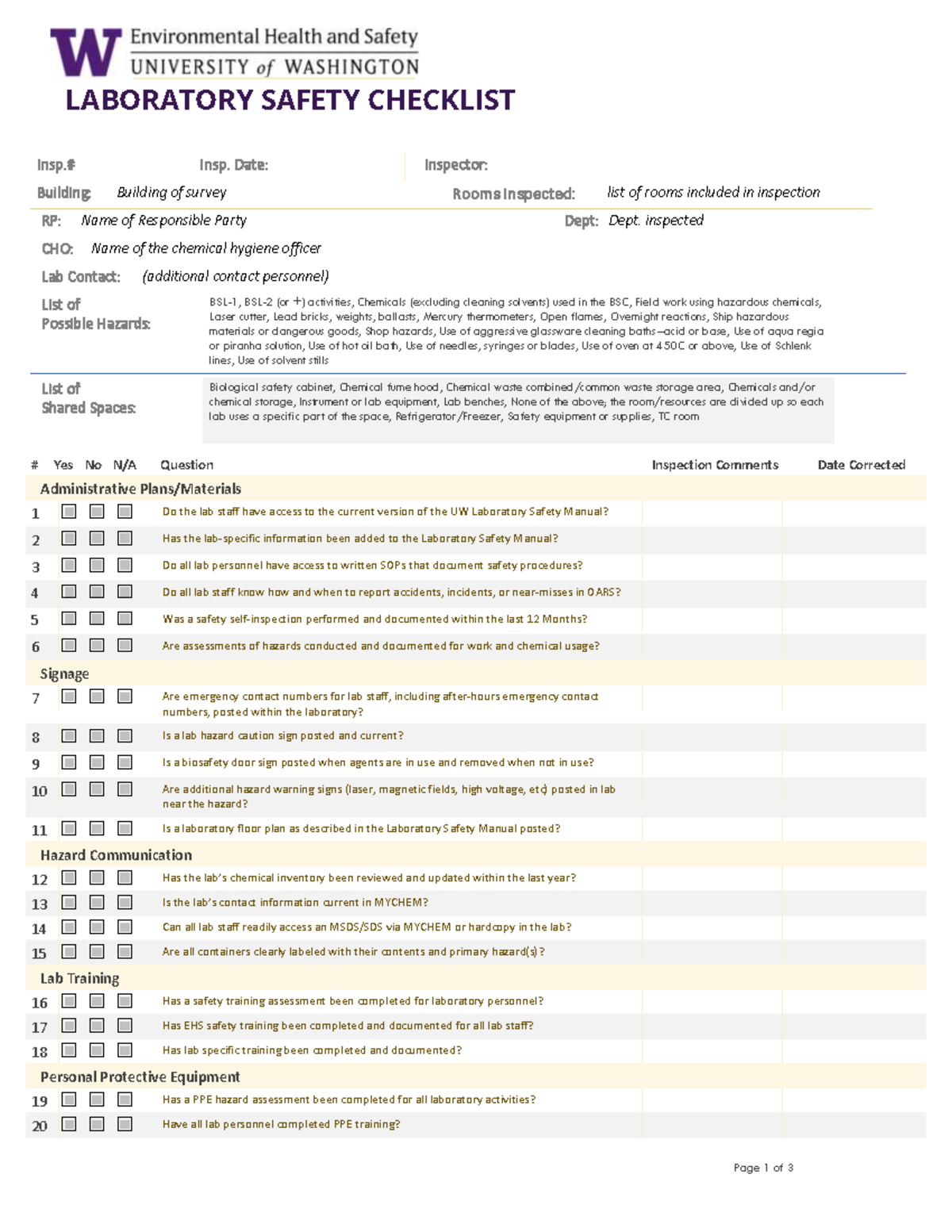 Prvaslbchklst - safety - Insp.# Insp. Date: LABORATORY SAFETY CHECKLIST ...