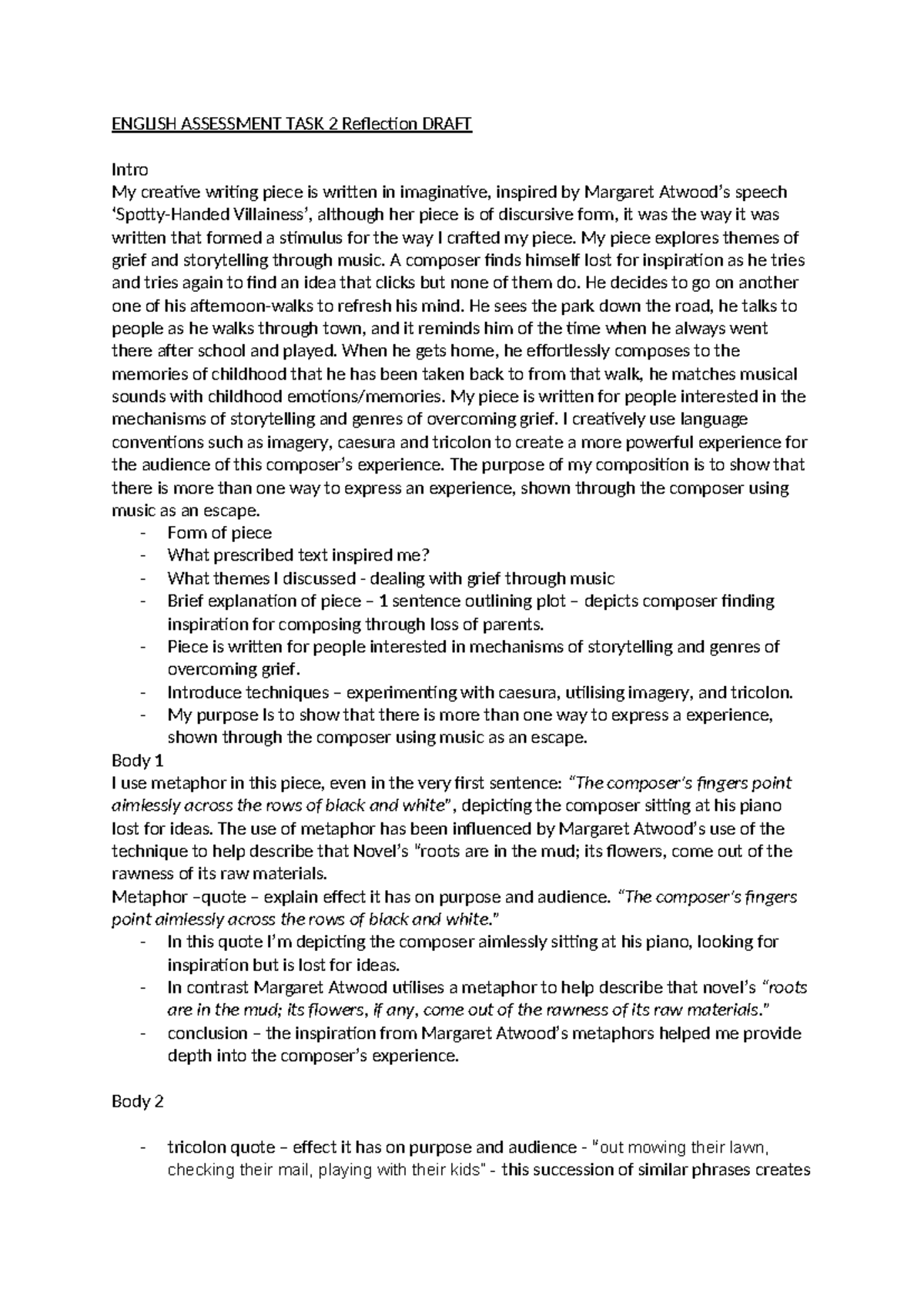 English Assessment TASK 2 Reflection - ENGLISH ASSESSMENT TASK 2 Reflection DRAFT Intro My ...