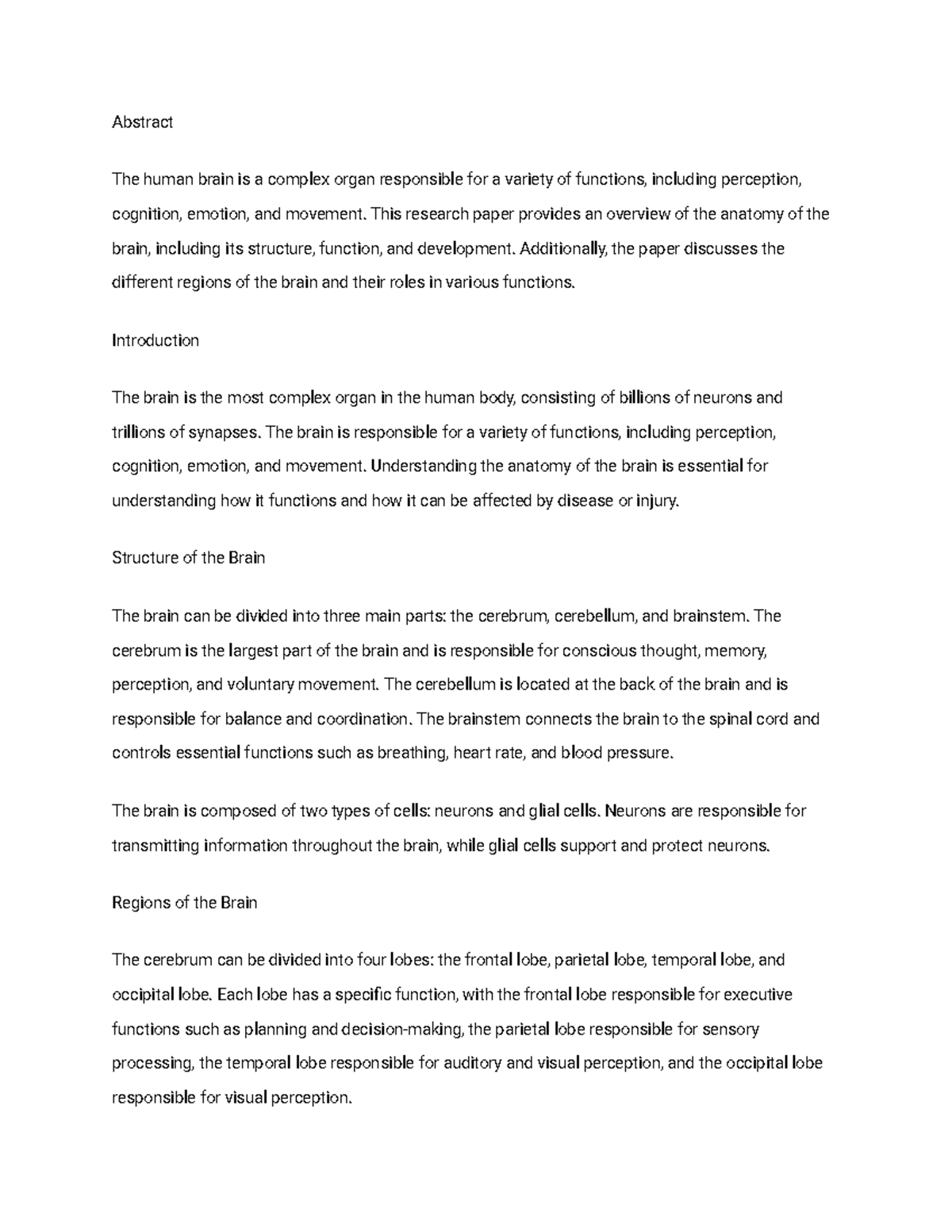 Research Paper Brain - Abstract The human brain is a complex organ ...