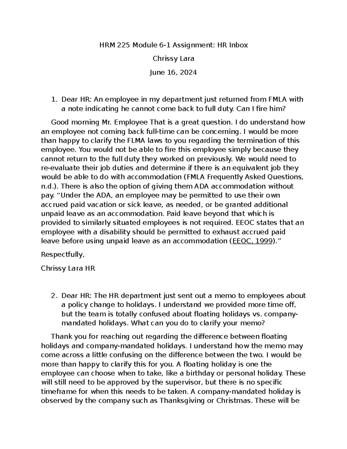 HRM 225 Module 6-1 HR Inbox - HRM 225 Module 6-1 Assignment: HR Inbox ...