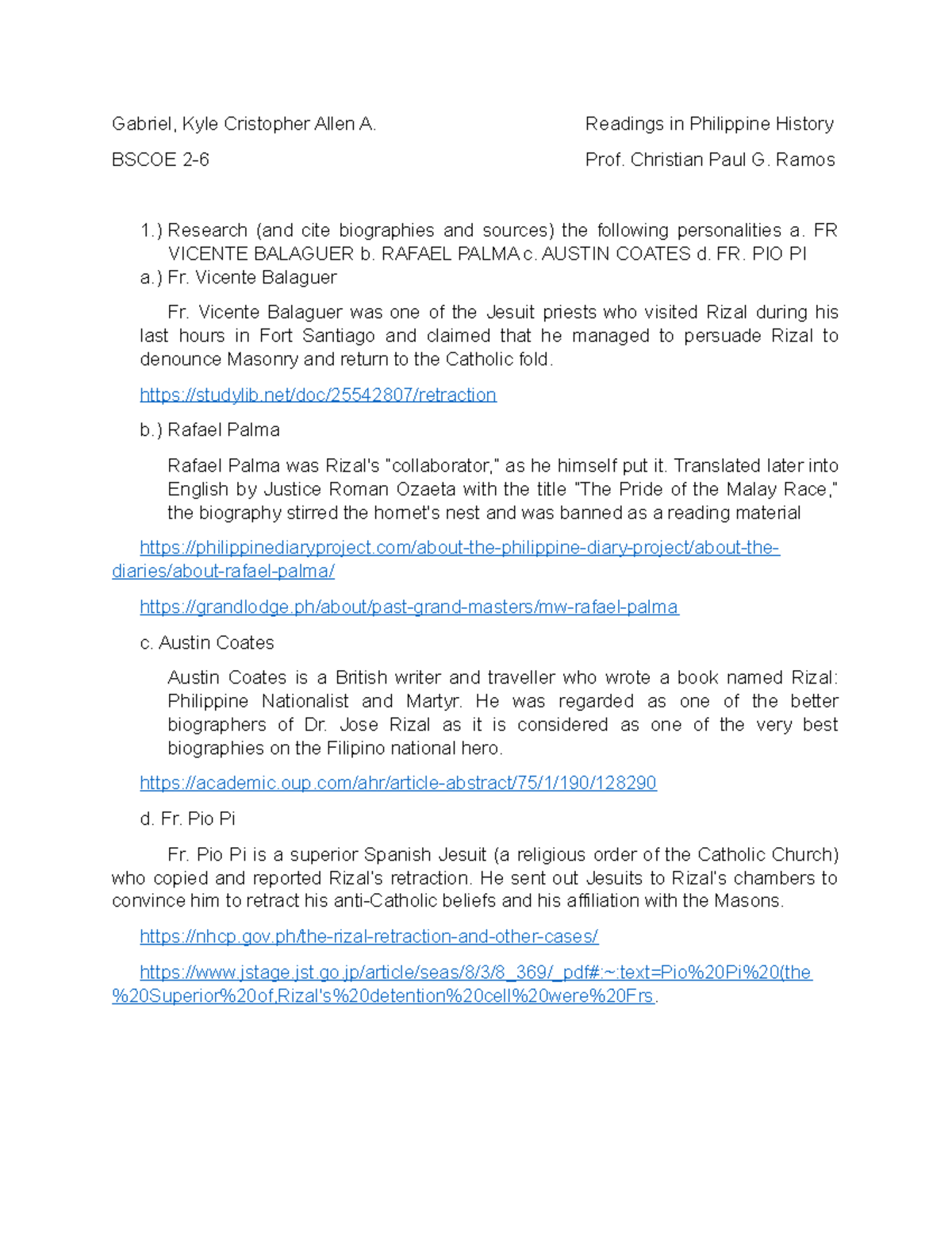 RPH 3 - Rizal's Retraction through Fr. Pio and Fr. Balaguer - Gabriel ...