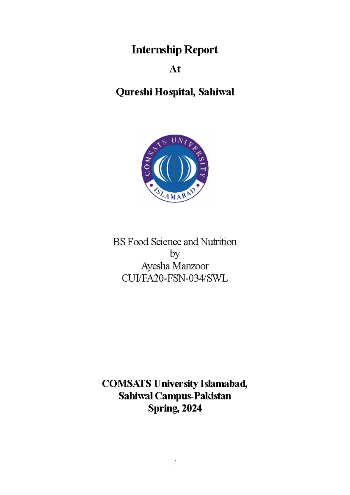 FA20-FSN034 - Computer - Internship Report At Qureshi Hospital, Sahiwal ...
