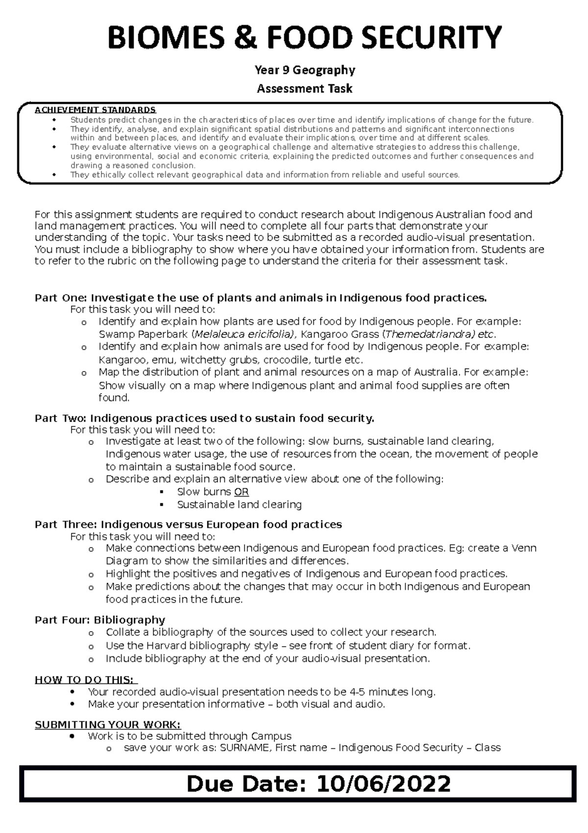 Assessment TASK Yr9 - Geography UNIT 11 - BIOMES & FOOD SECURITY Year 9 ...