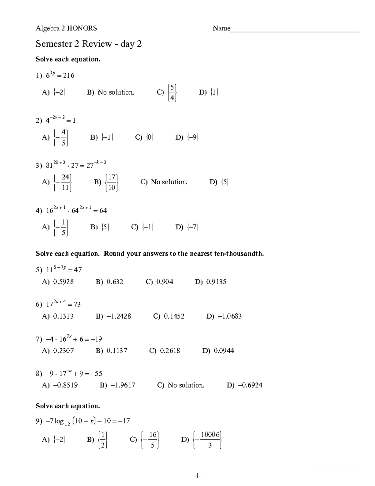 Semester 2 review - day 2 - Worksheet by Kuta Software LLC Algebra 2 ...