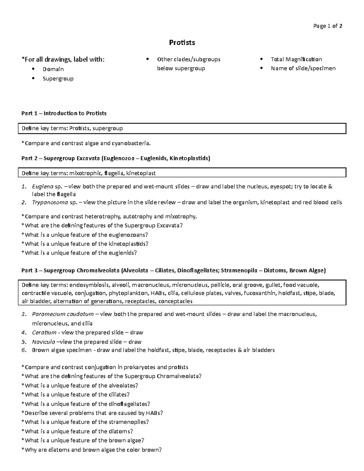 Protists Lab In-Class Handout - Page 1 of 2 Protists *For all drawings, label with: Domain - Studocu