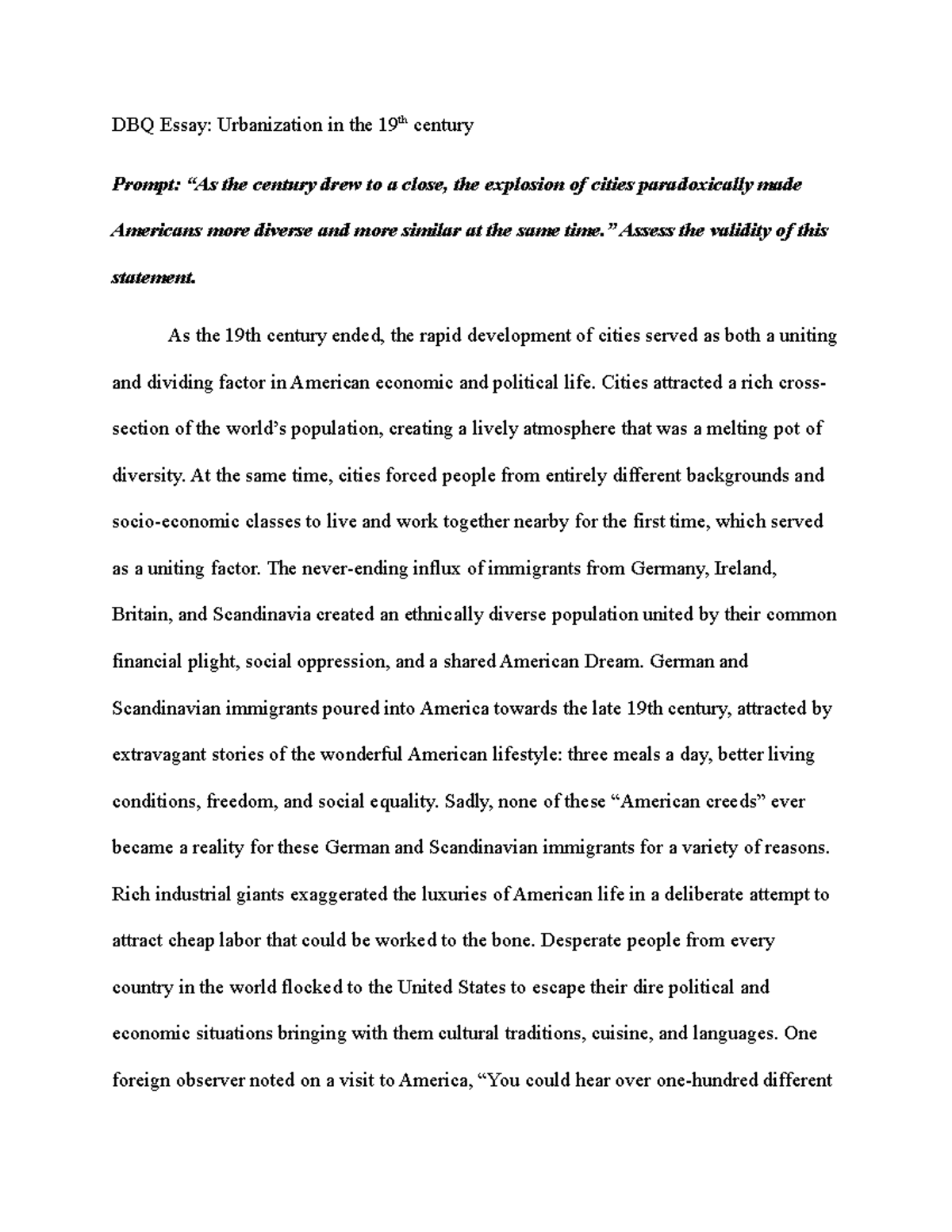 DBQ Essay Urbanization in the 19th Century - DBQ Essay: Urbanization in ...