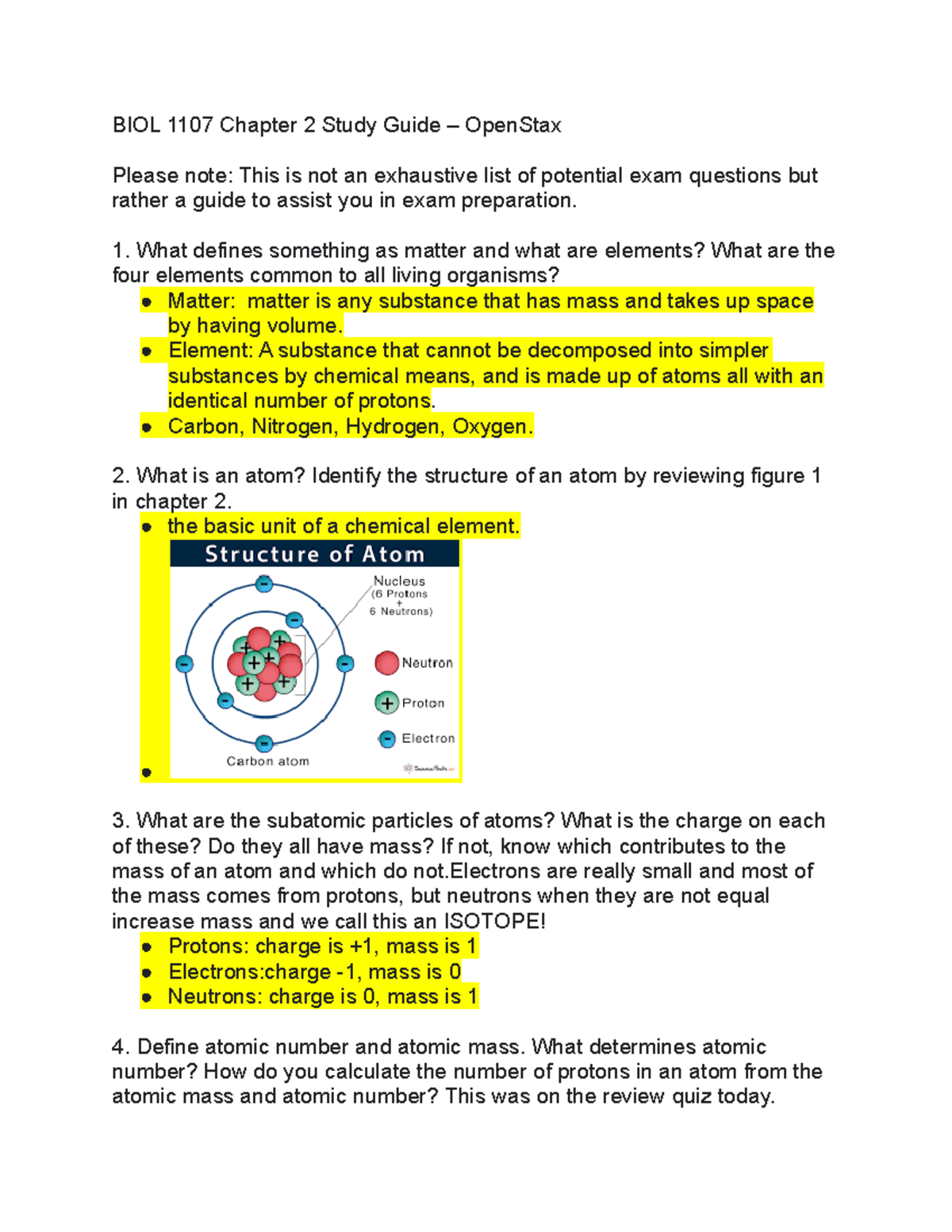 Study guide chapter 1-3 - BIOL 1107 Chapter 2 Study Guide 3 OpenStax ...