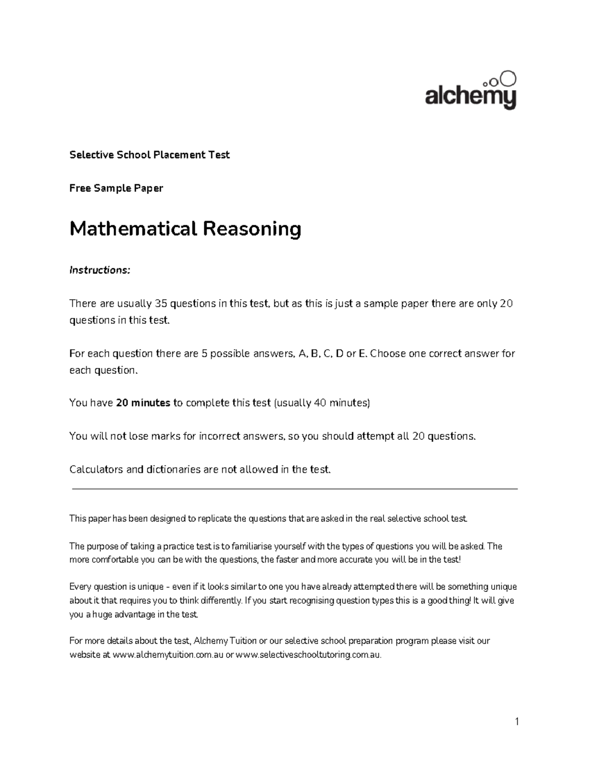 Mathematical Reasoning Sample Paper - Selective School Placement Test ...