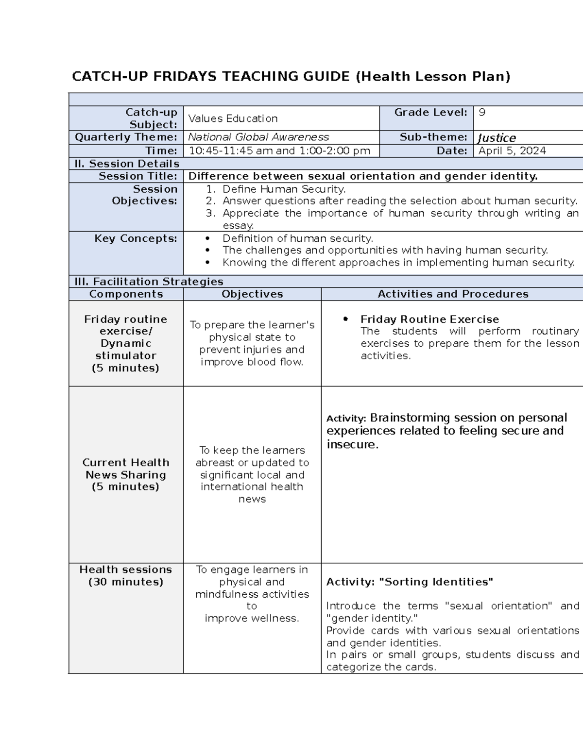 Catch-up Friday LP Sample - CATCH-UP FRIDAYS TEACHING GUIDE (Health Lesson Plan) Catch-up ...