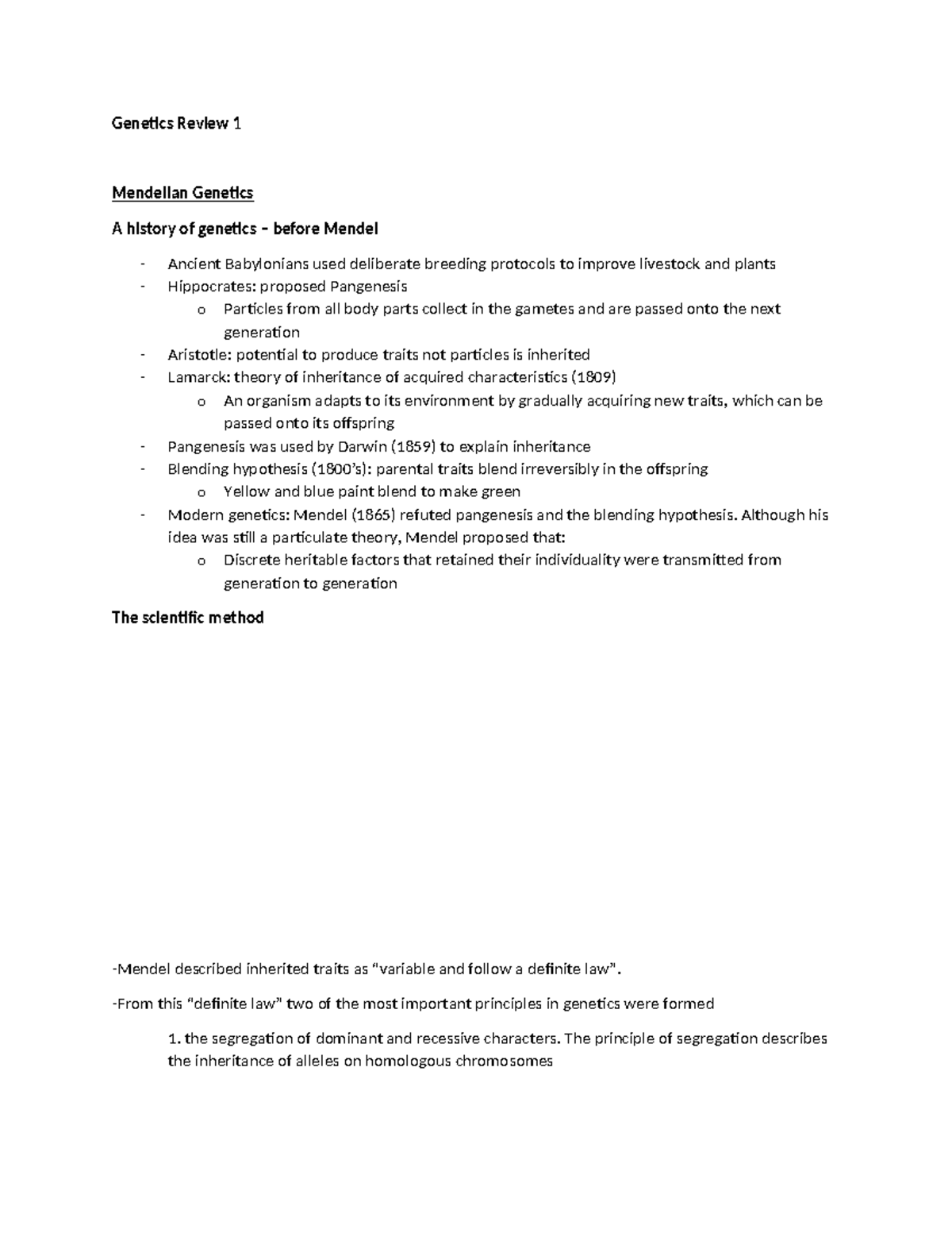 Genetics Review 1 - study guide/notes - Genetics Review 1 Mendelian ...
