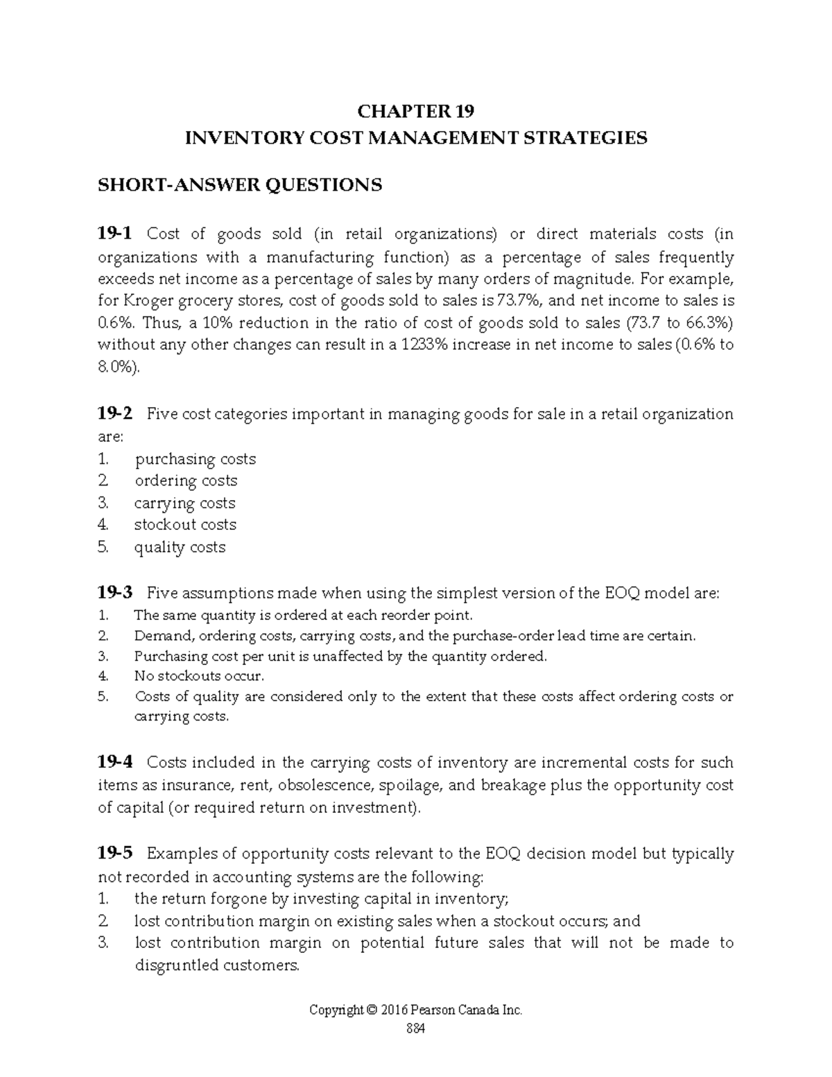 Horngren 7ce ISM ch19 - Copyright © 2016 Pearson Canada Inc. CHAPTER 19 INVENTORY COST ...