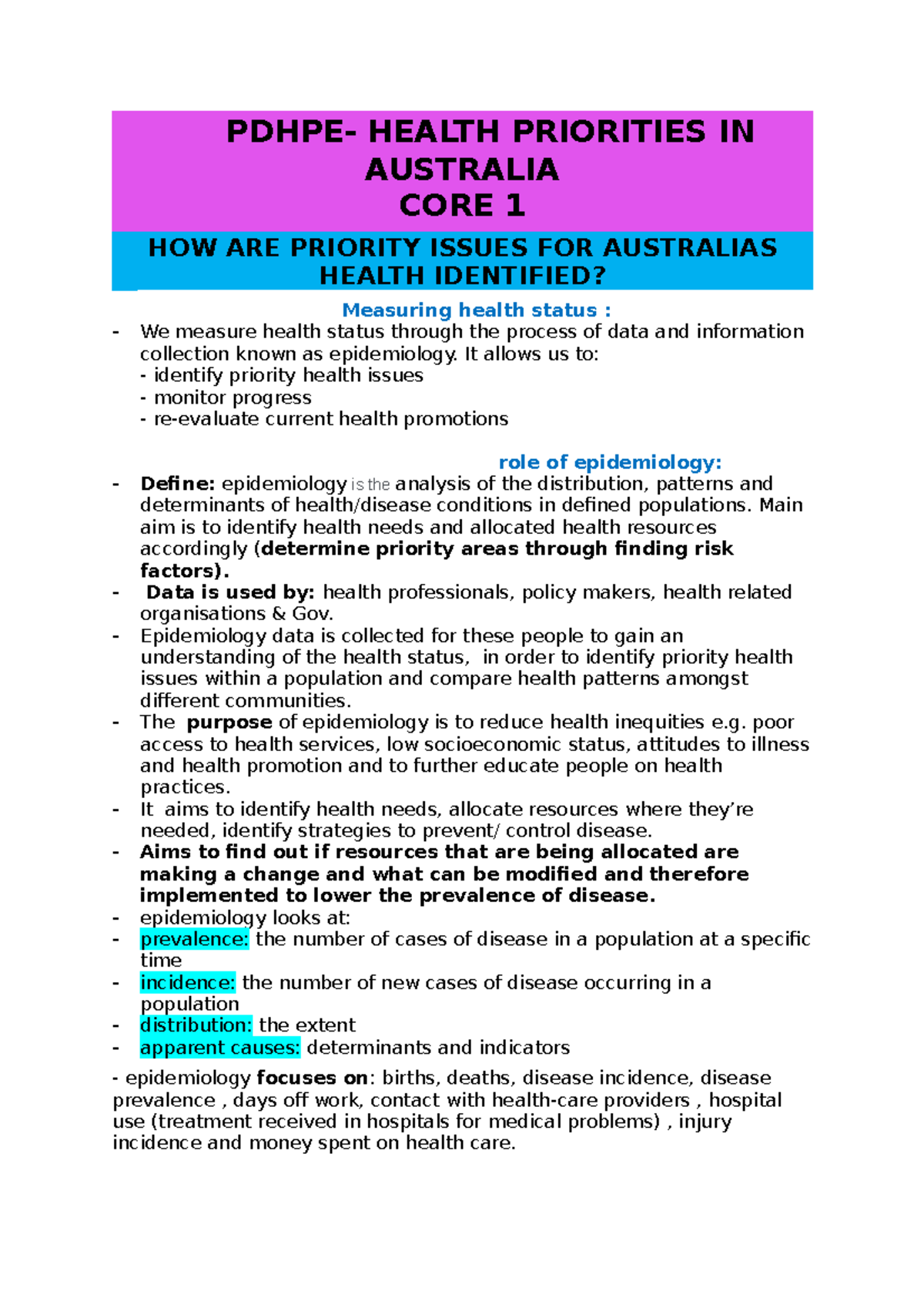 Pdhpe core 1 notes - PDHPE- HEALTH PRIORITIES IN AUSTRALIA CORE 1 HOW ...