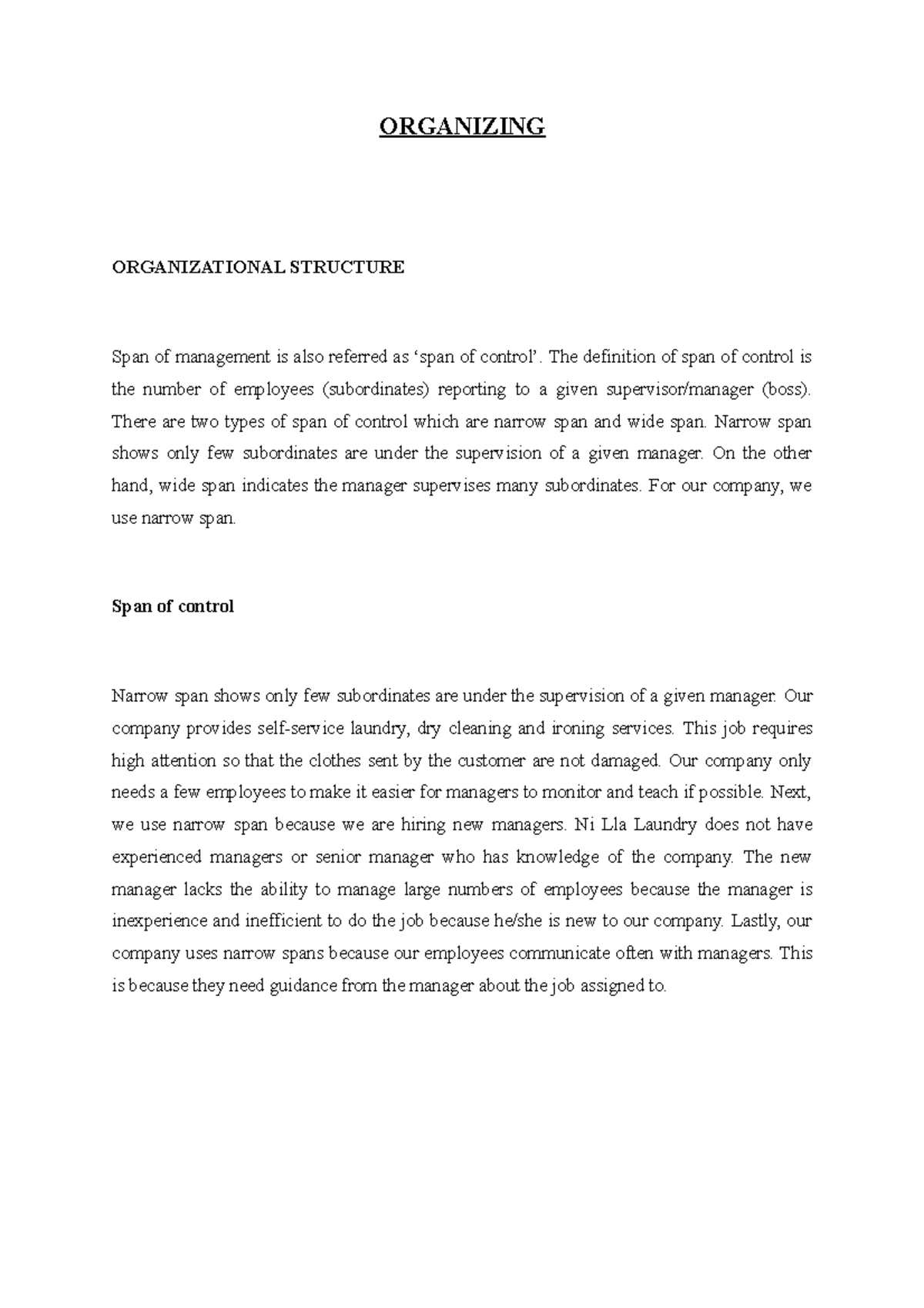 Group Assignment MGT162 - ORGANIZING ORGANIZATIONAL STRUCTURE Span of ...