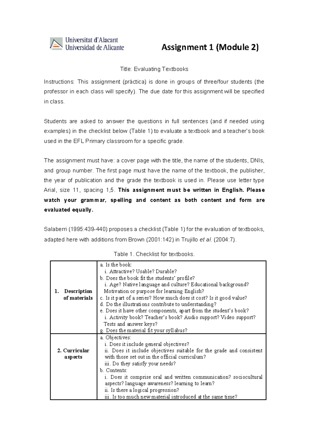 Práctica 1 Tema 2 - lengua trabajo - Assignment 1 (Module 2) Title: Evaluating Textbooks - Studocu