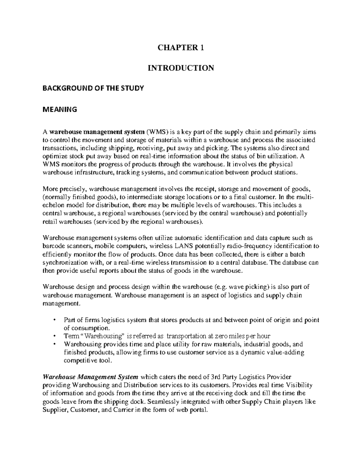 228316702 MBA Warehouse Mangement Project - CHAPTER 1 INTRODUCTION ...