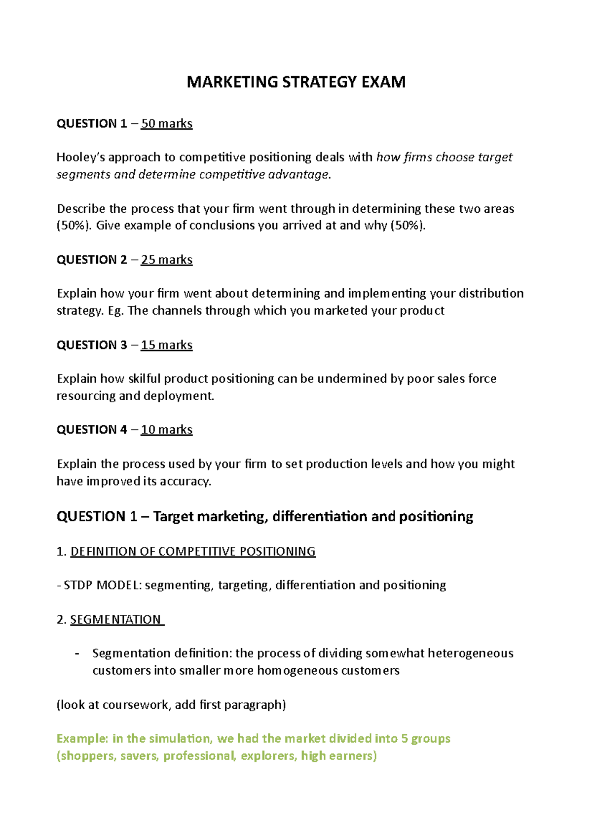 Marketing Strategy EXAM - MARKETING STRATEGY EXAM QUESTION 1 50 marks ...