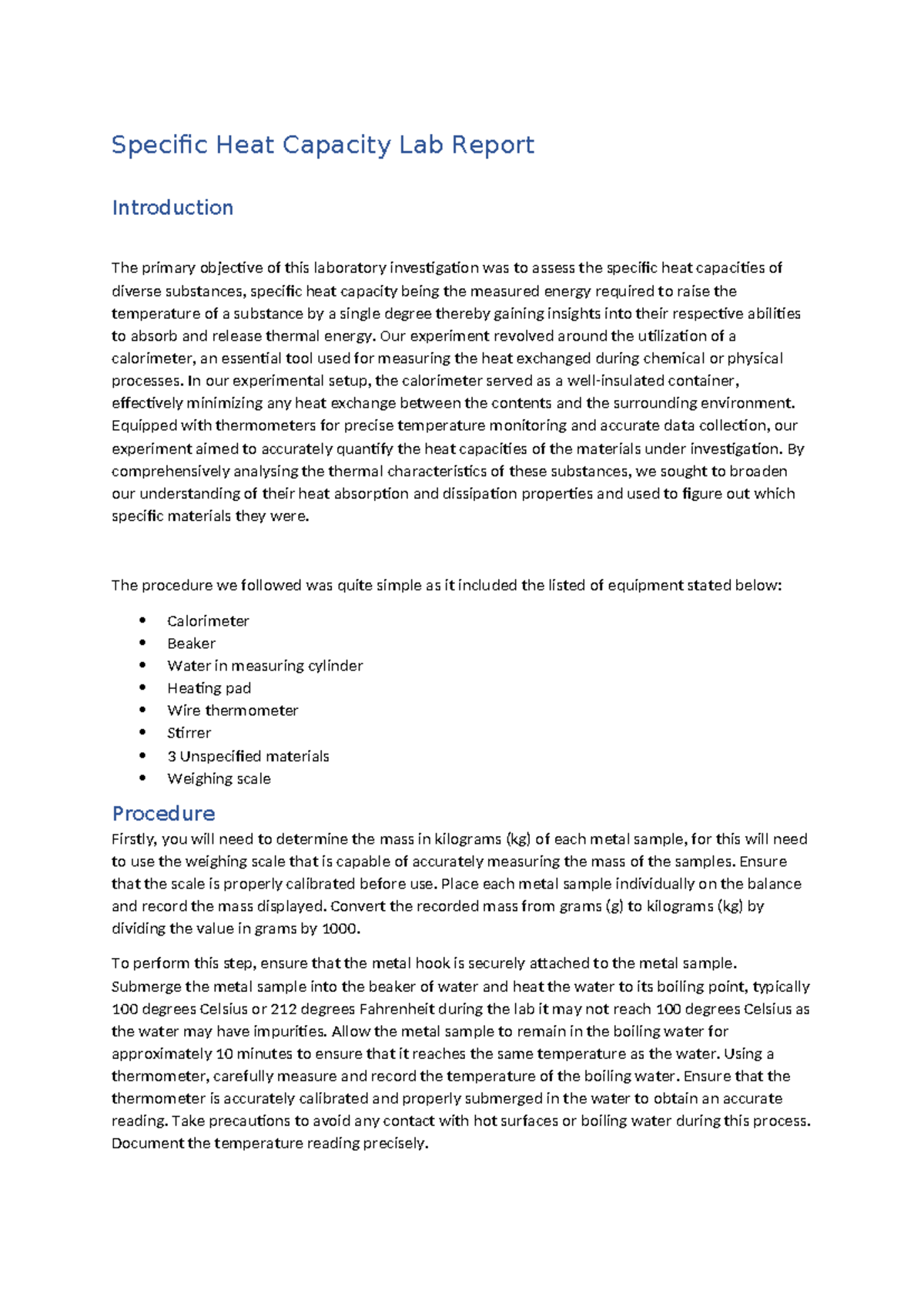 SHC Lab report specific heat capacity - Specific Heat Capacity Lab ...