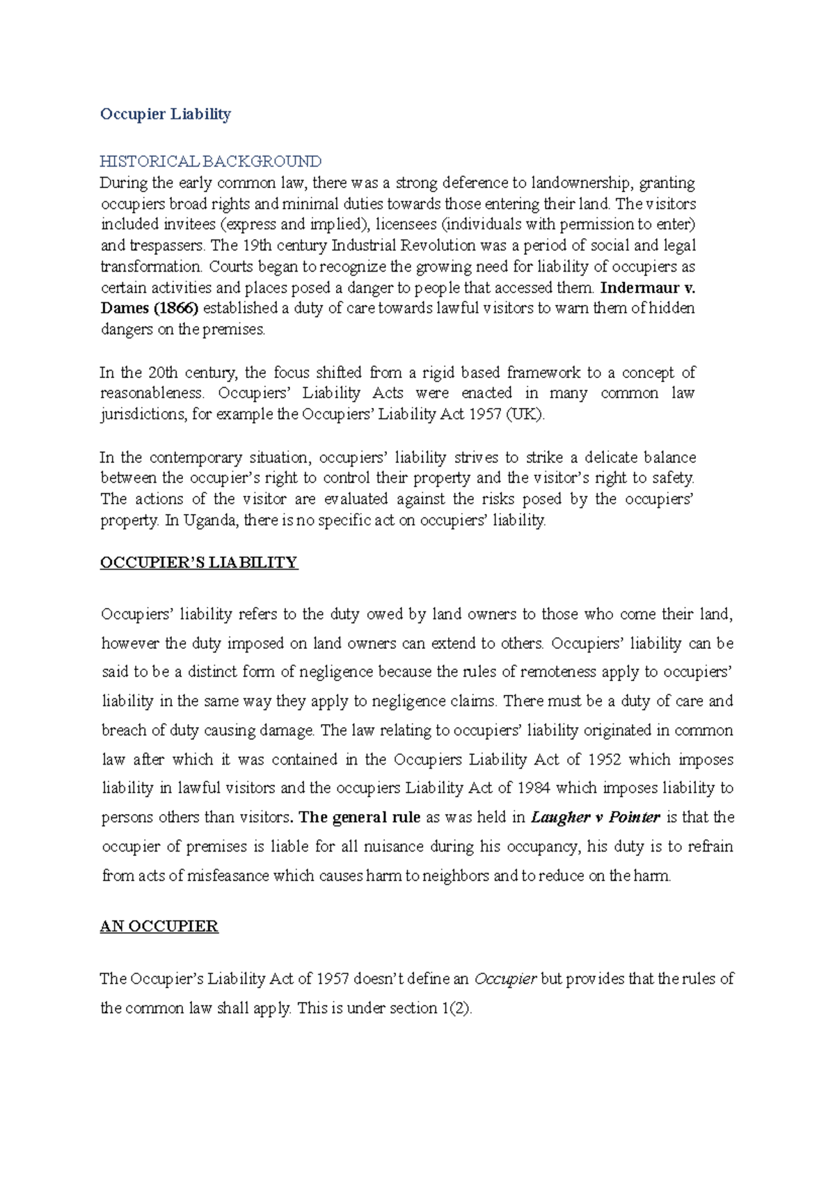 Occupiers Liability-Leonard - Occupier Liability HISTORICAL BACKGROUND ...