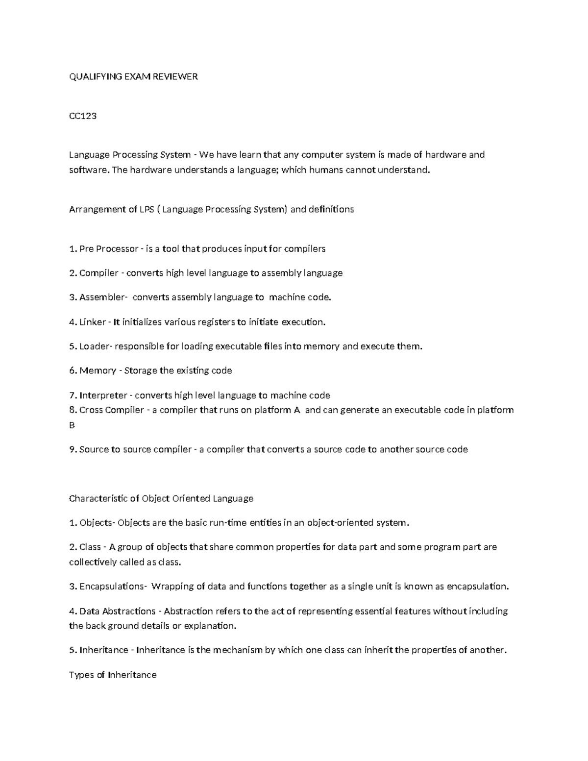 Reviewer for qualifying - QUALIFYING EXAM REVIEWER CC Language ...